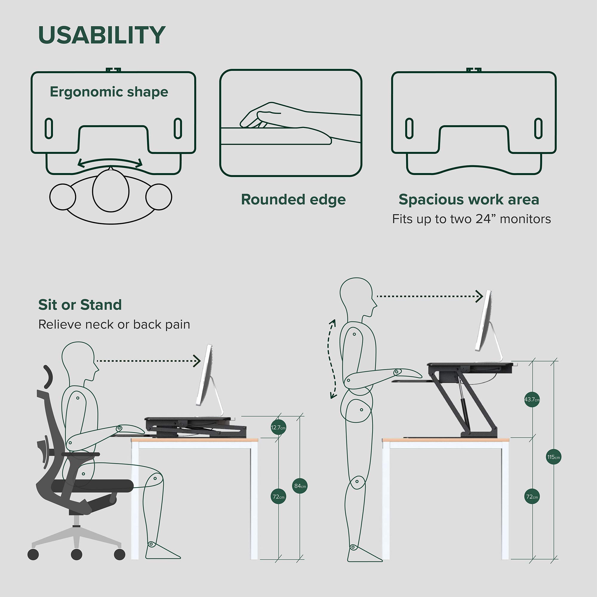 ZINUS Betsy 48 Inch Standing Desk with Adjustable Height / Desktop Workstation / Dual Monitor Desk Converter / No Assembly, Black