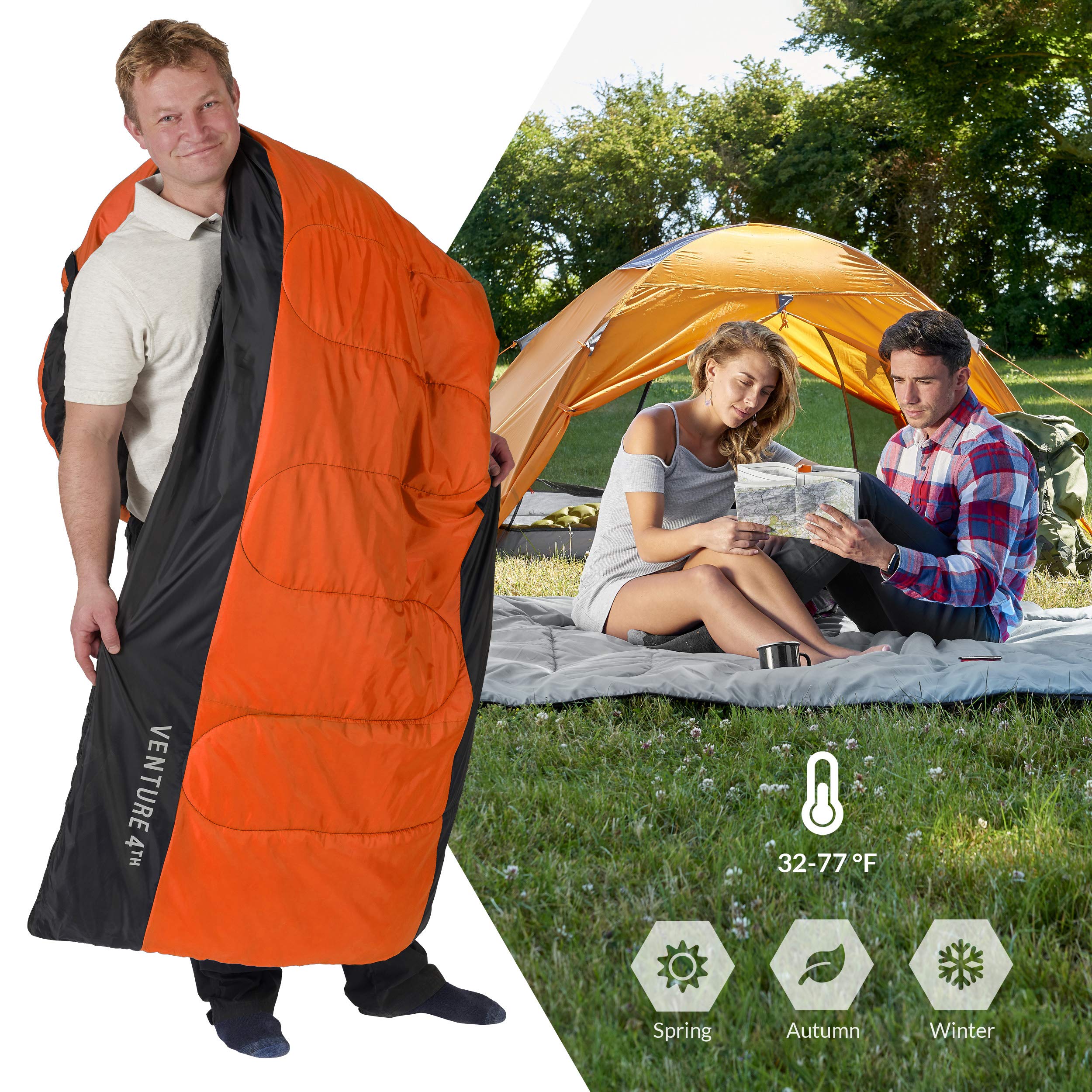 VENTURE 4TH 3-Season XL Backpacking Sleeping Bag, Camping Sleeping Bags for Adults & Kids - Lightweight, Comfortable, Water Resistant, Ideal for Hiking, Camping & Outdoor – Orange/Gray