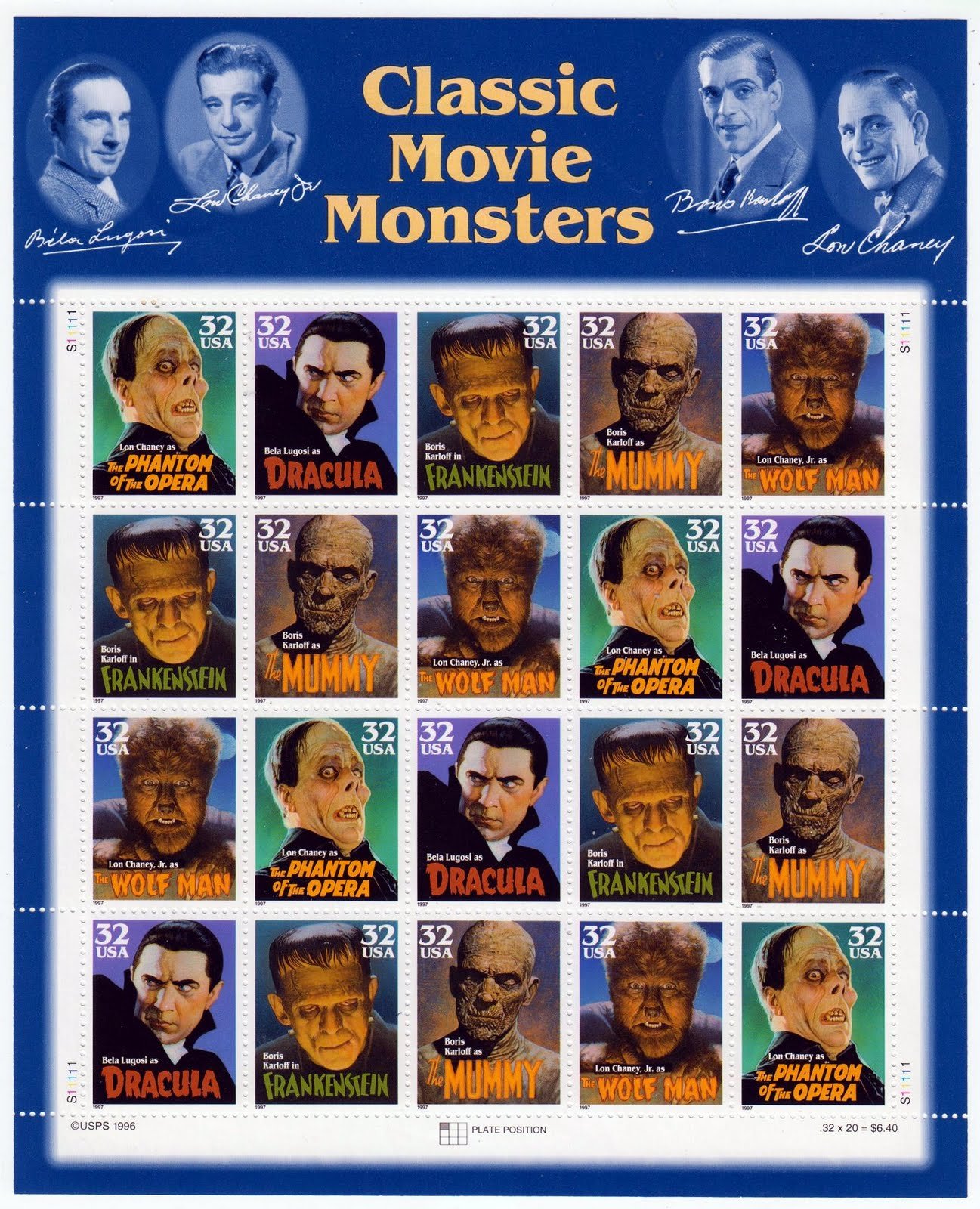 USPS Classic Movie Monsters Collectible Stamp 32 Cent Sheet Scott 3168