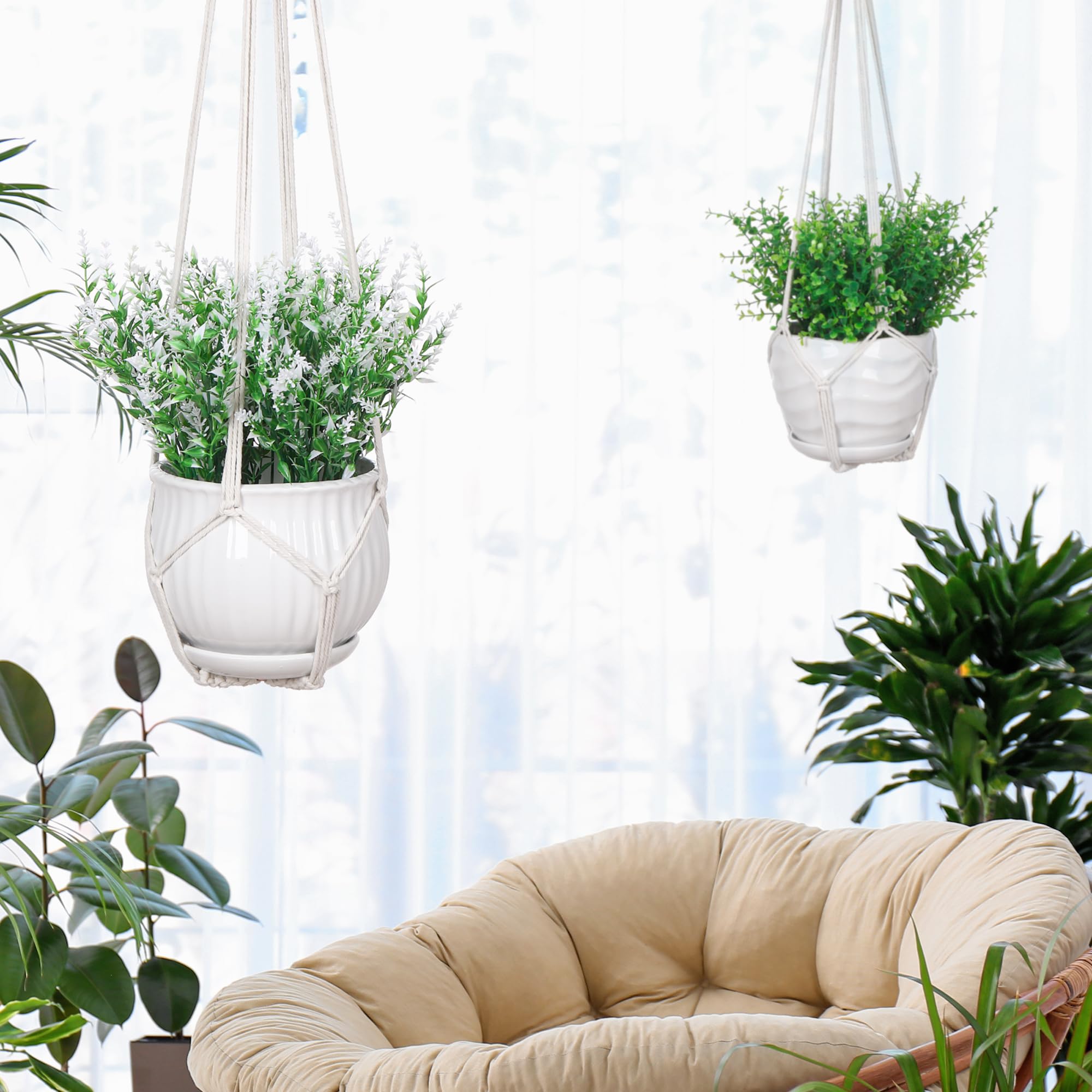 YIBOT 3 Pack Macrame Plant Hanger,35"/29"/23" Plant Hanger Indoor,Handmade Woven Cotton Rope Flower Pot Crochet Plant Holder Stand for Boho Home Decor No Tassels,lIvory