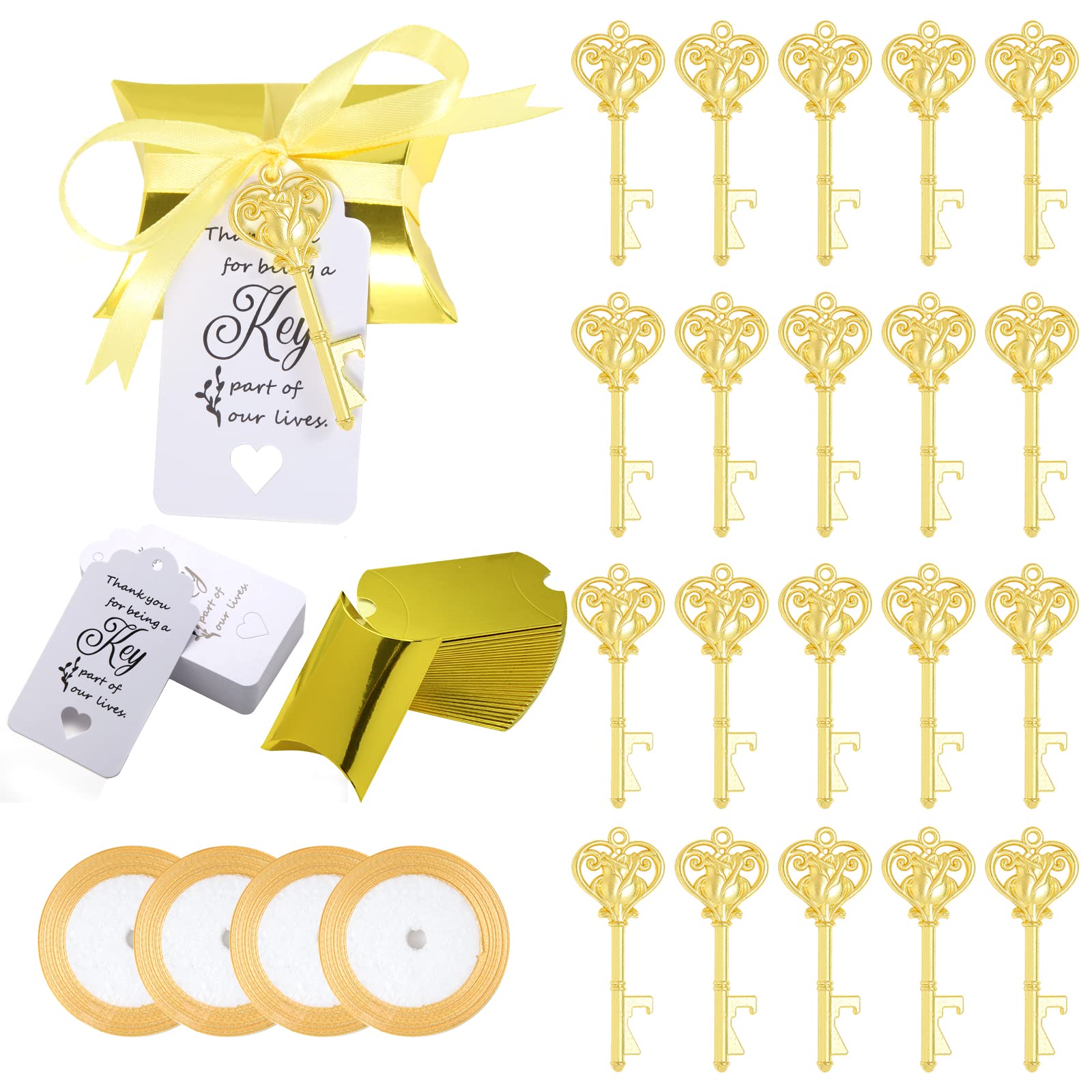 XHIPY 100 Sets Skeleton Key Bottle Opener Wedding Favors, Bridal Shower Gift for Guests with Thank You Tag Card Pillow Candy Box and Satin Ribbon (Gold)