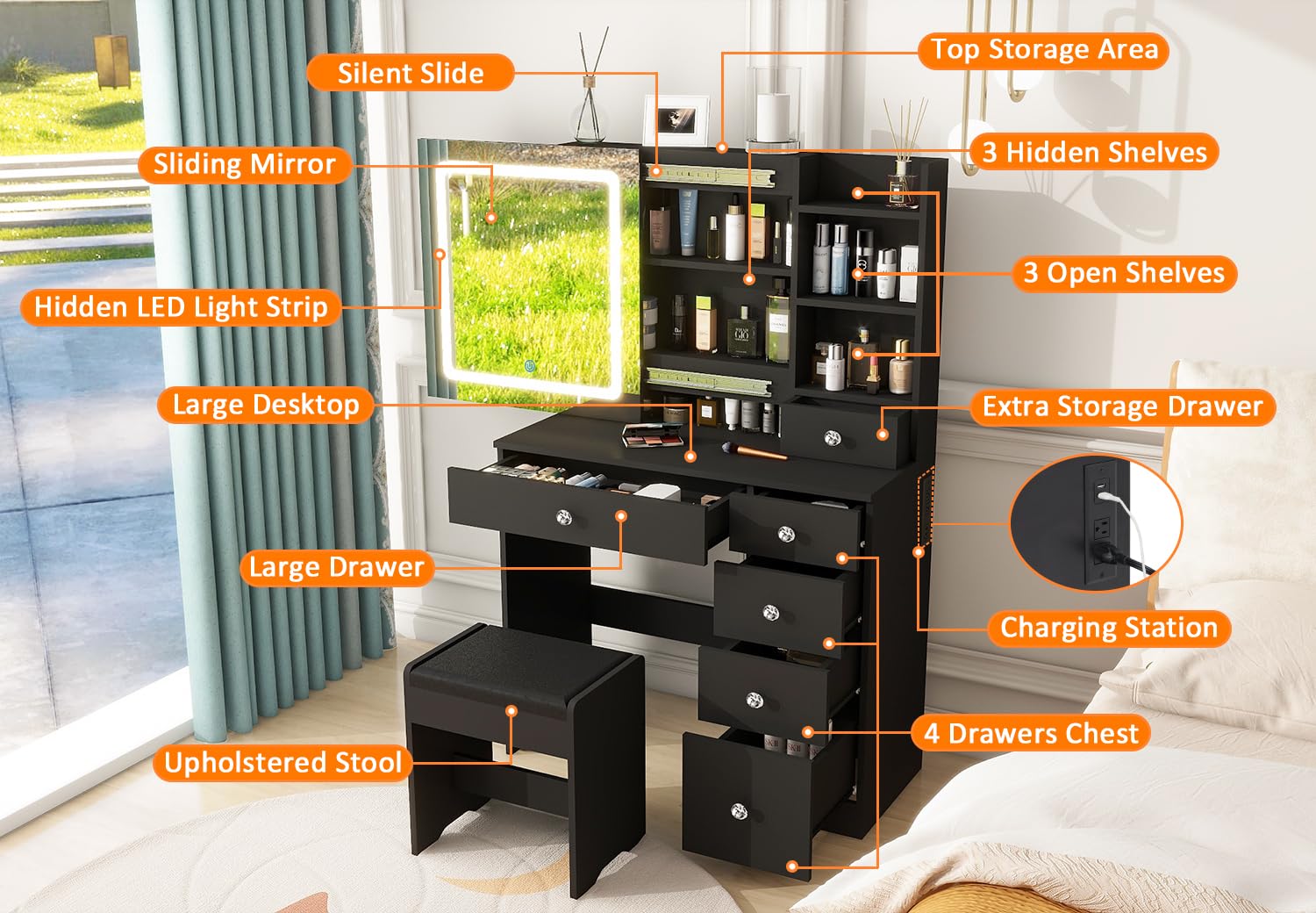 Sokiche Makeup Vanity Desk with Sliding Mirror and LED Lights & Charging Station, 35.4" Black Vanity Table Set with 6 Drawers & 6 Shelves, 3 Light Modes, Dressing Table for Bedroom, Stool Included