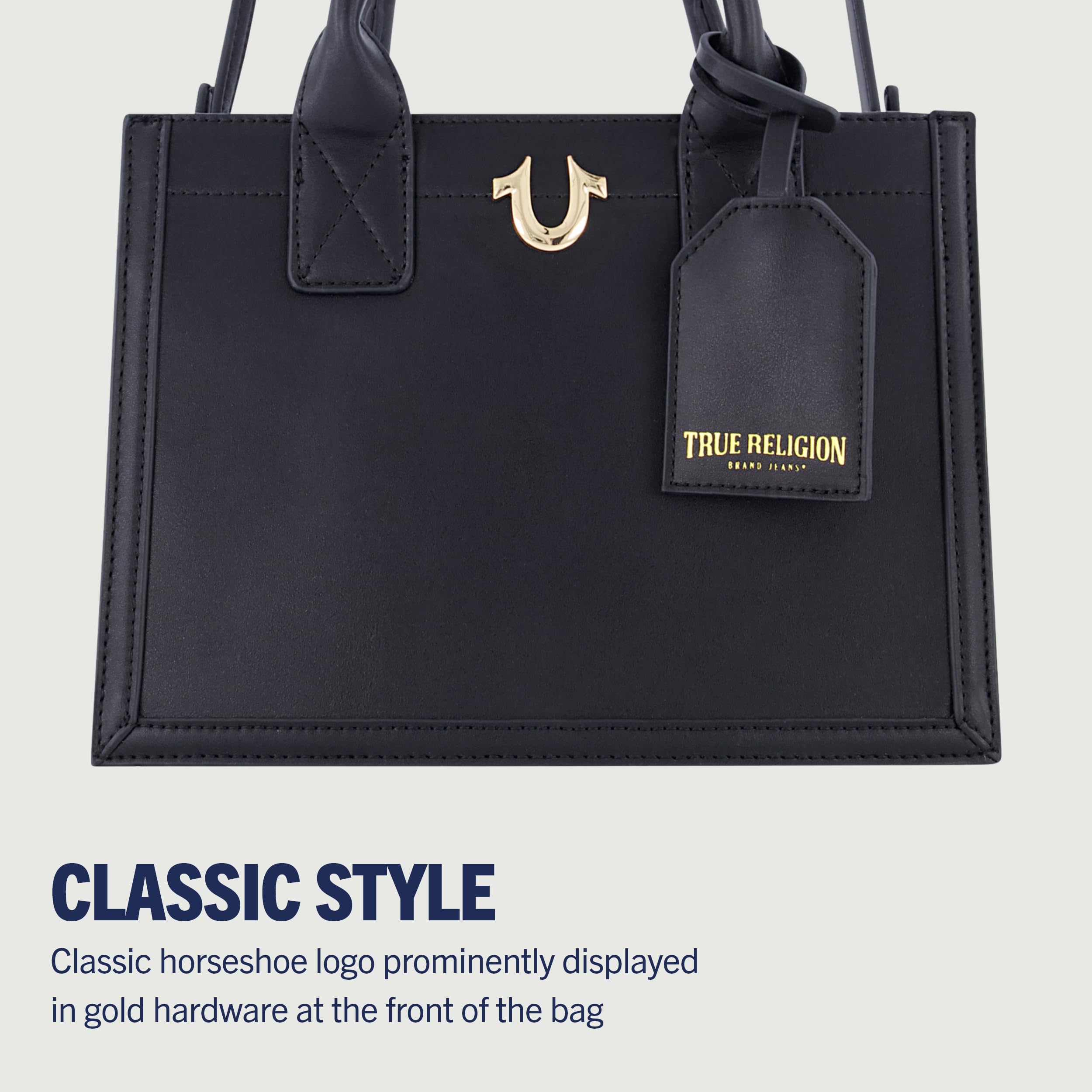 True Religion Tote, Women's Medium Travel Bag with Adjustable Strap and Horseshoe Logo, Black