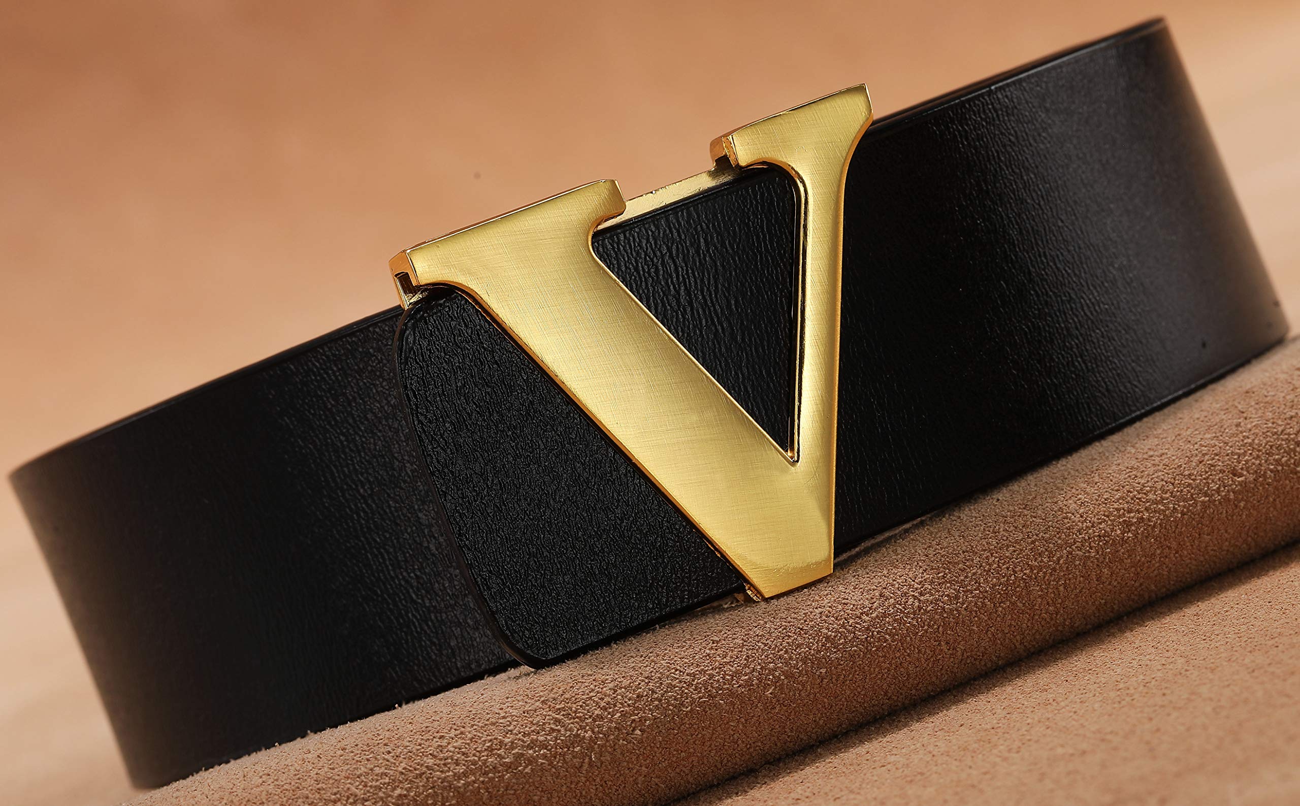 Yuangu Men's Classic Gold/Silver V-Buckle Design Soft Calfskin Belt (Black Gold, 105cm/41.3inch(30-36))