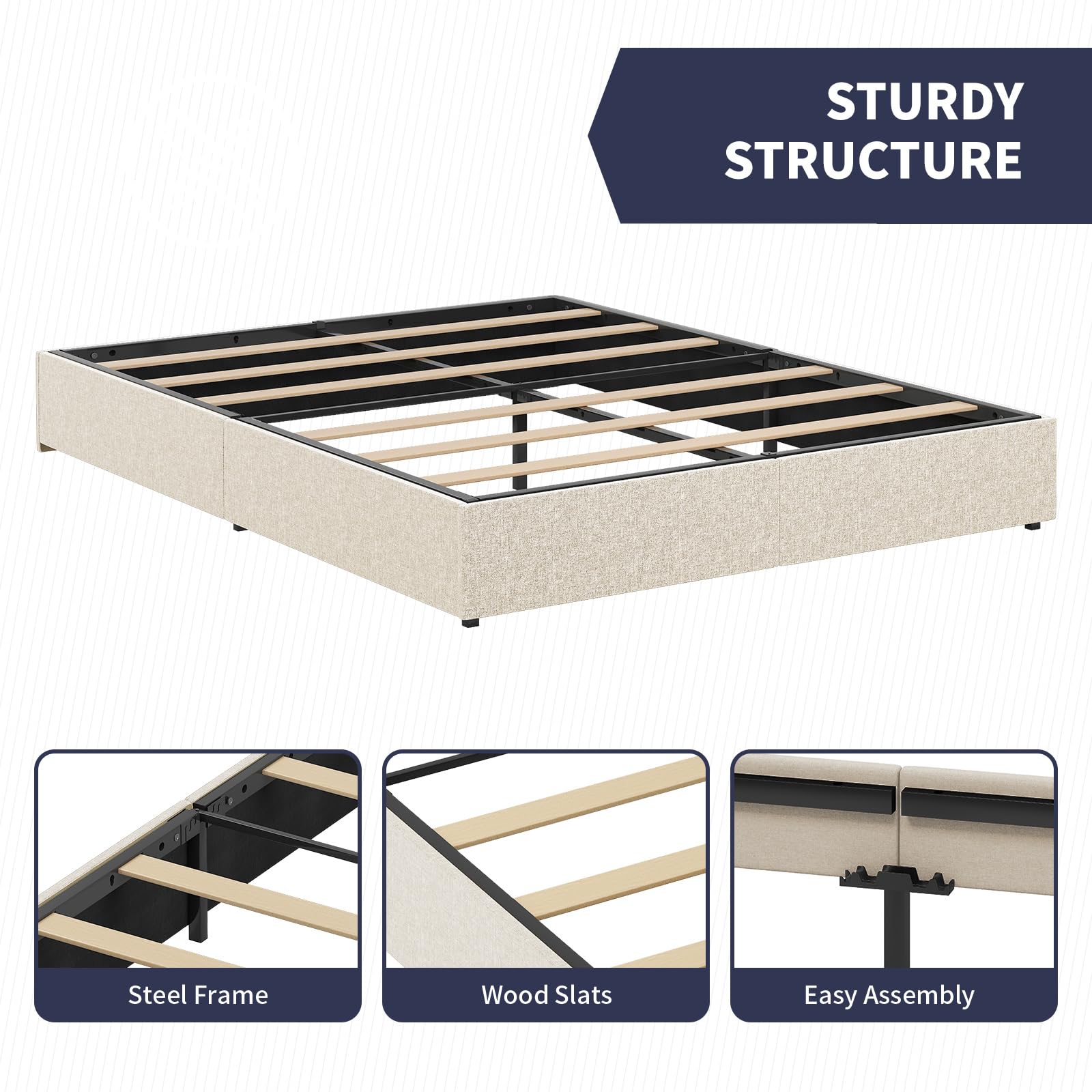 ZAFLY Cal King Size Bed Frame with Storage Drawers, Wood Slat Support Bed Frame, Linen Fabric Upholstered Platform Bed, Bed Frame with Large Storage Space Beige