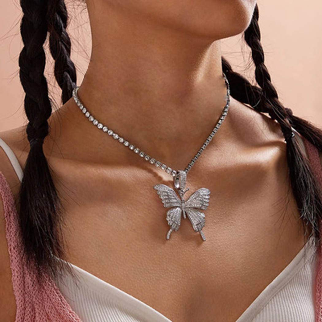 Zoestar Butterfly Choker Necklace Gorgeous 2 Layered Crystal Pendant Necklaces Sparkly Butterfly Chain Jewelry for Women