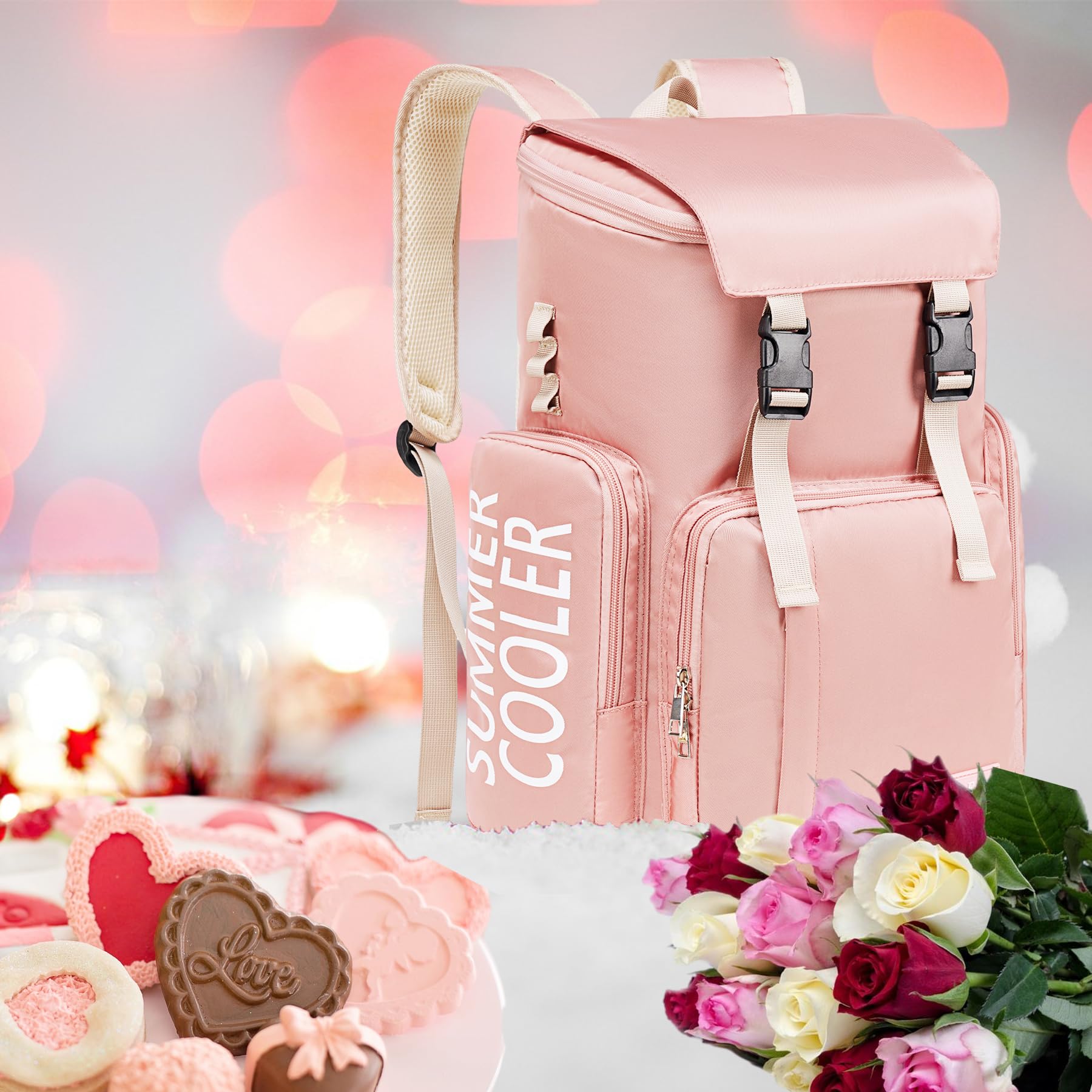 TuErCao Rose Pink Cooler Backpack Insulated Hiking Backpack for Women Men, 32 Liters Capacity, Leakproof and Made, Stylish Design and Idea Gift