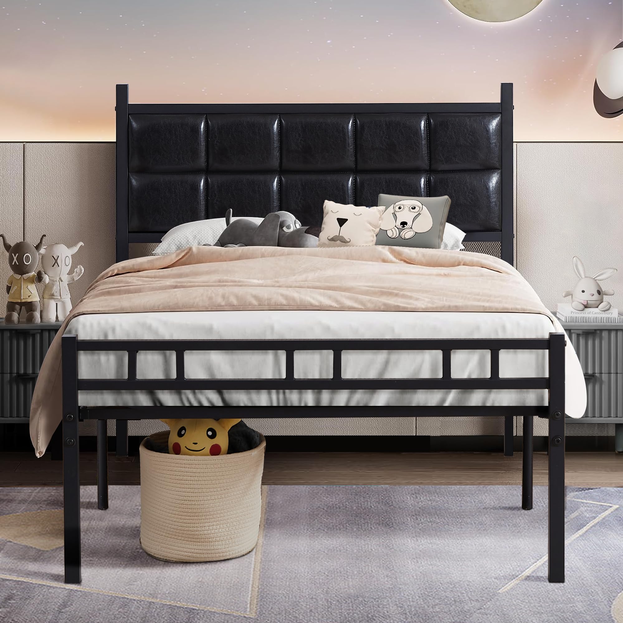 VECELO Twin Bed Frame with PU Upholstered Headboard, Heavy Duty Platform Bedframes, Metal Slats Support, No Box Spring Needed, Matte Black