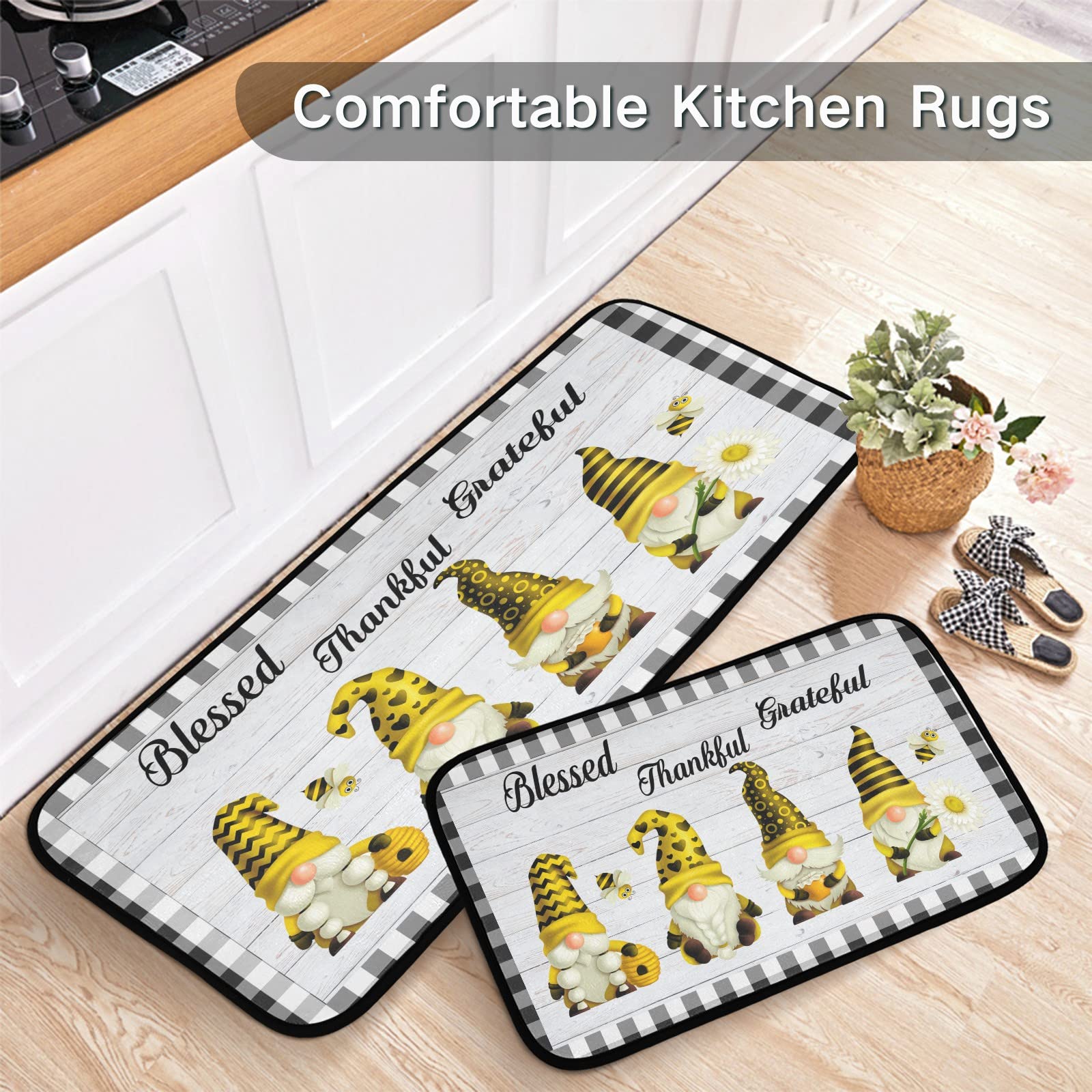 ZOEO Kitchen Mats Gnomes Set of 2 Bee Sunflower Farmhouse Floor Rug Memory Foam Shower Runner Absorbent Non Slip Light for Home Hotel Door Laundry Thick Soft Washable