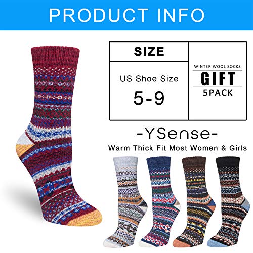 YSense Wear 5 Pairs Womens Wool Socks Thick Knit Warm Winter Socks for Women Cozy Comfy Socks Gifts