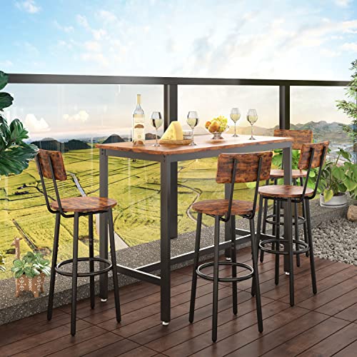 Tiophome PU Soft Seat with Backrest and Footrest,Modern Armless Kitchen Island Stool with Upholstered Cushion for Dining Room,Easy to Assemble,Rustic Brown, 5-Piece Bar Table Set for 4