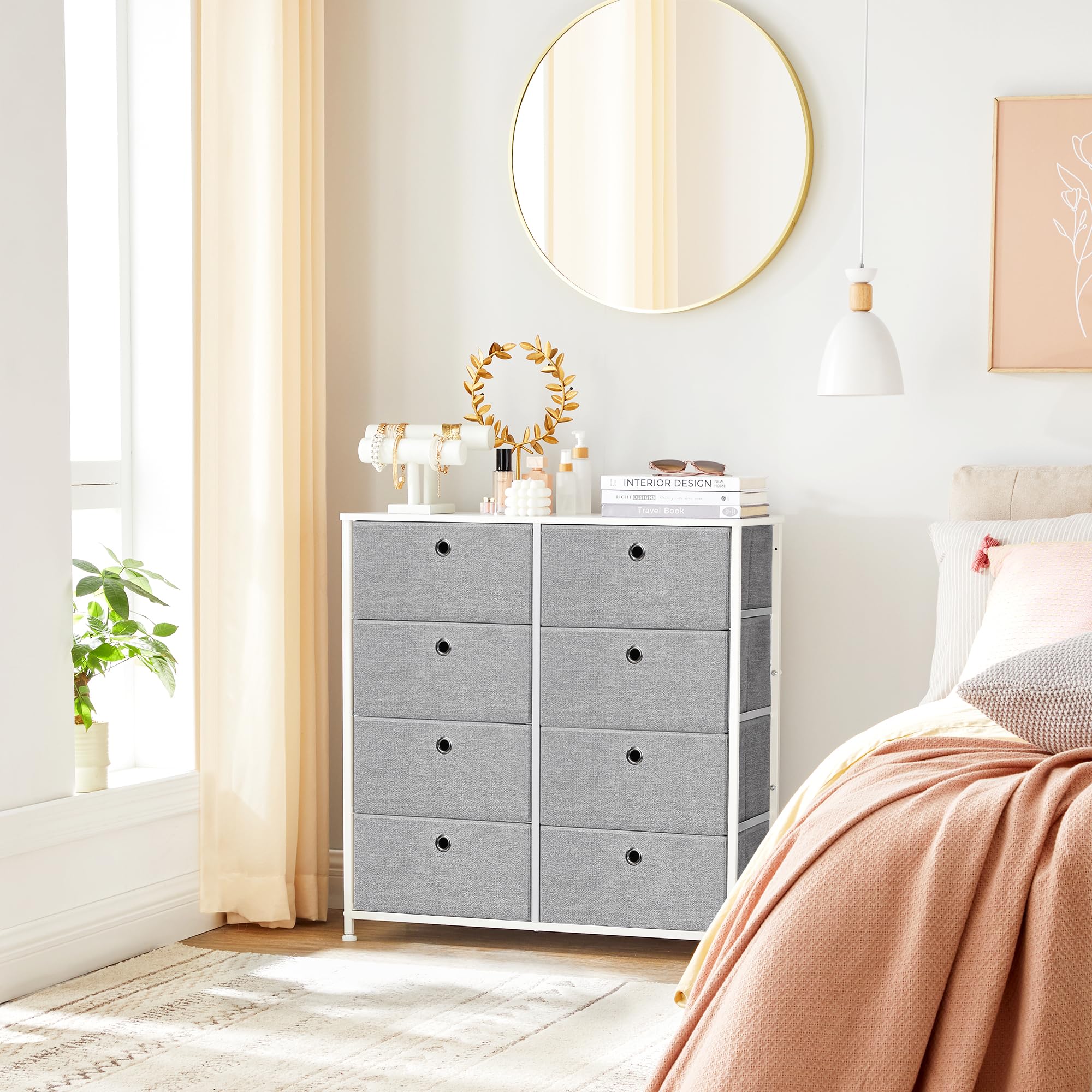 SONGMICS 4-Tier Storage Dresser with 8 Easy Pull Fabric Drawers and Wooden Tabletop for Closets, Nursery, Dorm Room, Light Gray and White ULTS24W