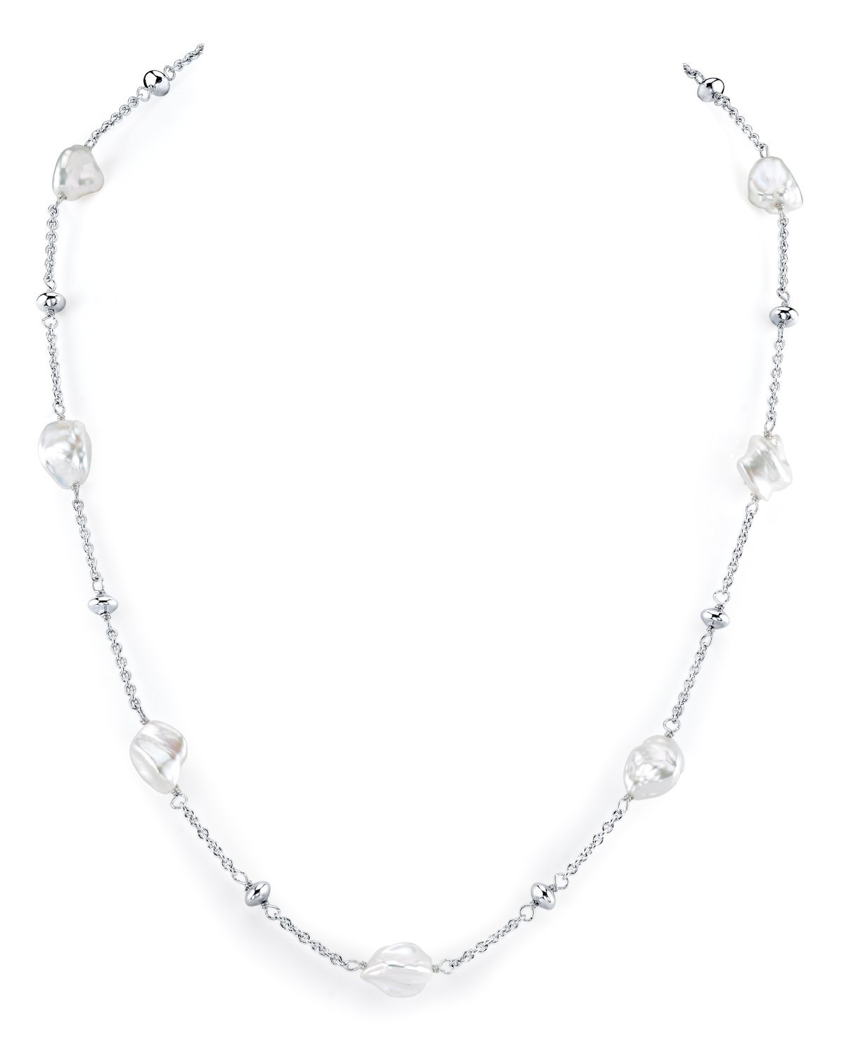 The Pearl Source 7-8mm Keshi Genuine White Freshwater Cultured Pearl Link Necklace for Women