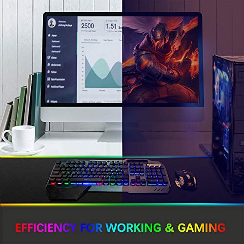 Wireless Gaming Keyboard Mouse & Mouse Pad Combo,3 in 1 Rainbow Backlit Rechargeable Keyboard with 3800mAh Battery Metal Panel Removable Hand Rest,RGB Gaming Mouse Pad(32.5x12 inch),Mute Gaming Mice
