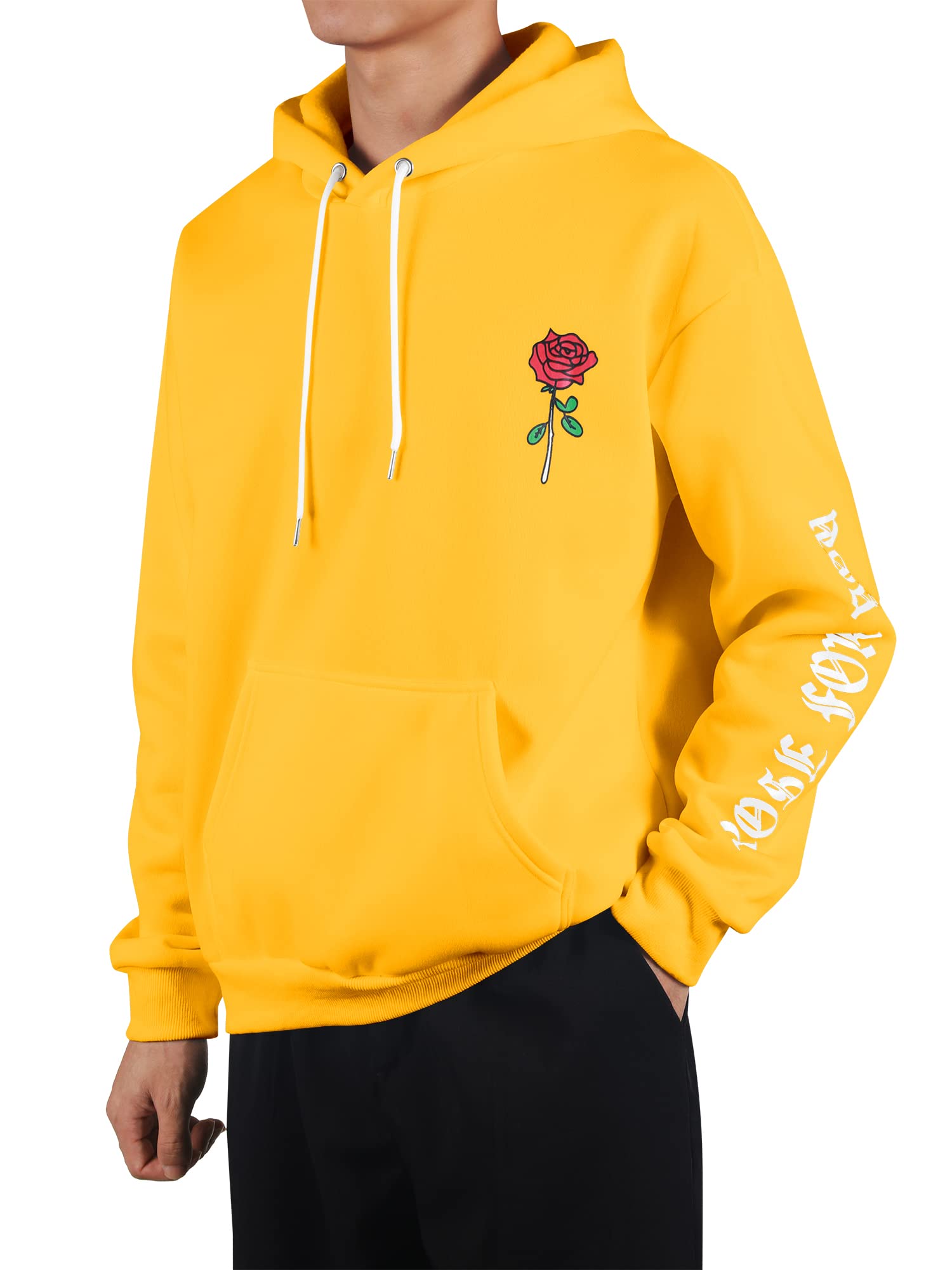 ZAFUL Men's Fleece Hoodie Unisex Rose Letter Print Hooded Pullover Kangaroo Pocket Sweatshirt Yellow XL