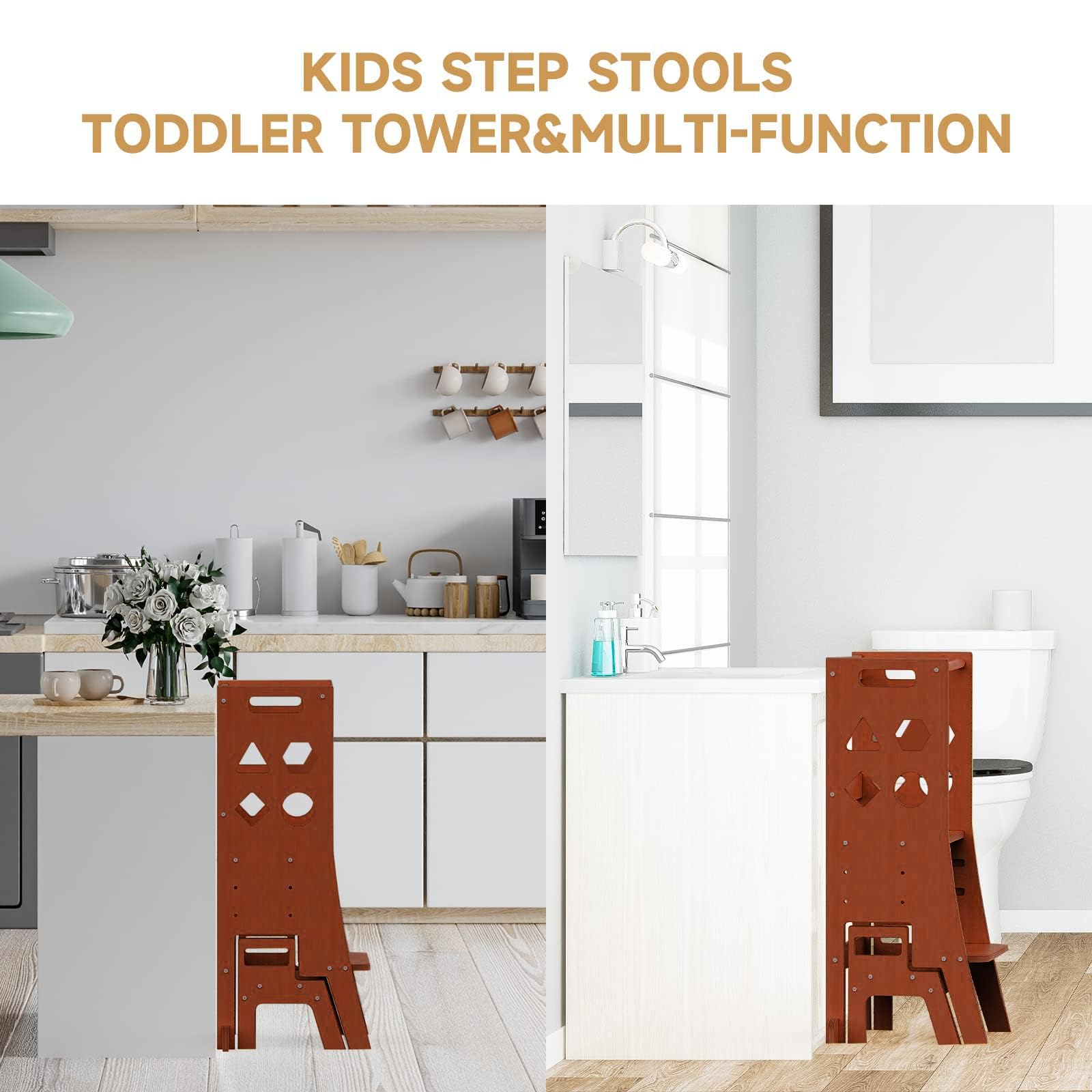 ZARKEET Toddler Standing Tower, 2 in1 Kitchen Toddler Tower Helper Stool for Toddlers 1-3. Adjustable Height Step Stool Helper, Wood Anti-Drop Safety Rail Step Stools for Bathroom & Kitchen Counter