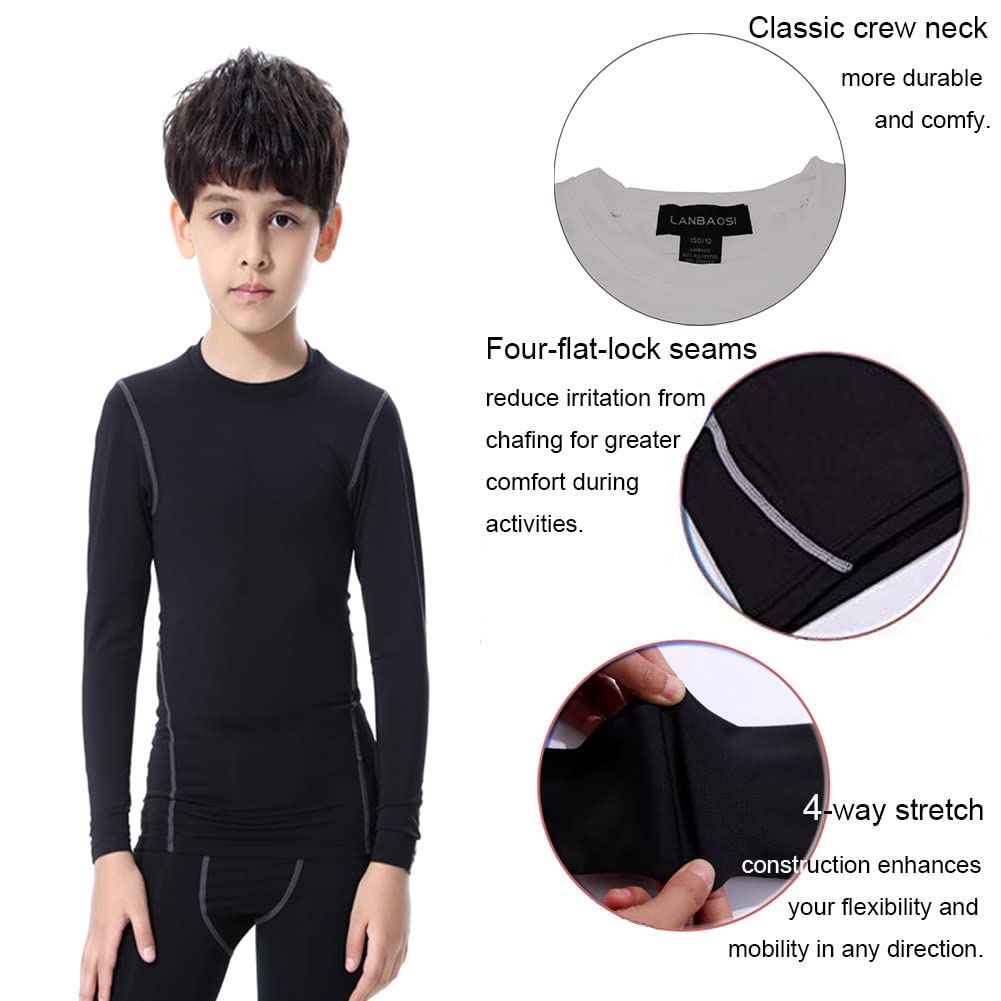 SANKE Boys Soccer Practice Long Sleeve Shirt & Pants 2PCS Compression Set, Black, 10