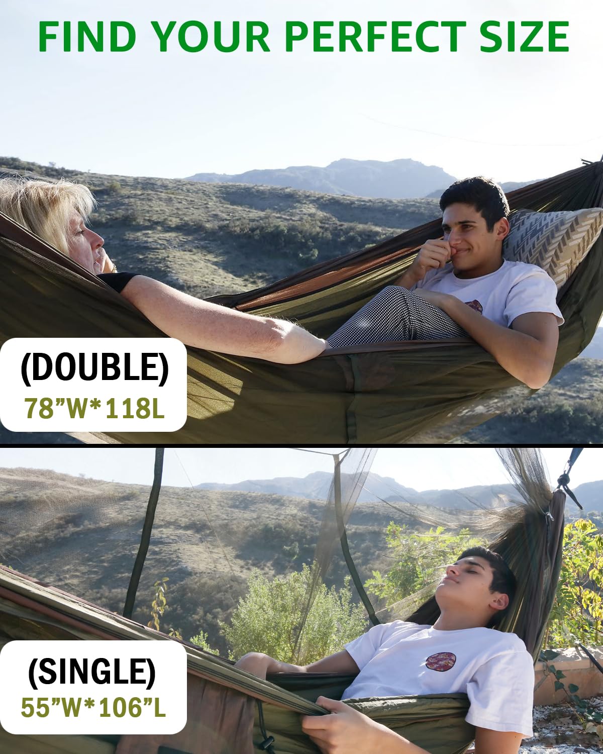 Sunyear Camping Hammock, Portable Double Hammock with Net, 2 Person Hammock Tent with 2 * 10ft Straps, Best for Outdoor Hiking Survival Travel