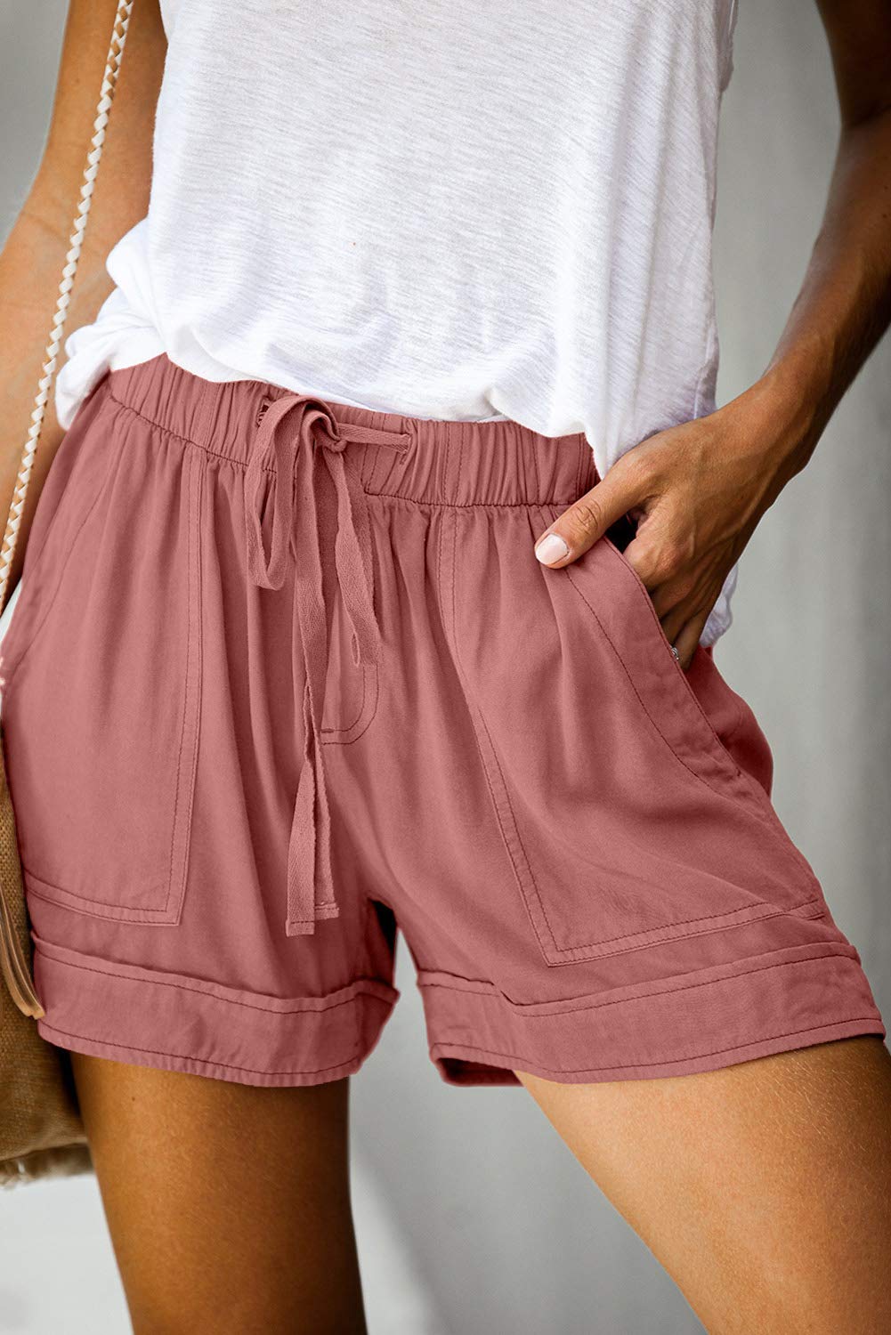 Womens Casual Drawstring Elastic Waist Shorts Comfy Summer Beach Short Pure Color Shorts with Pockets Pink X-Large