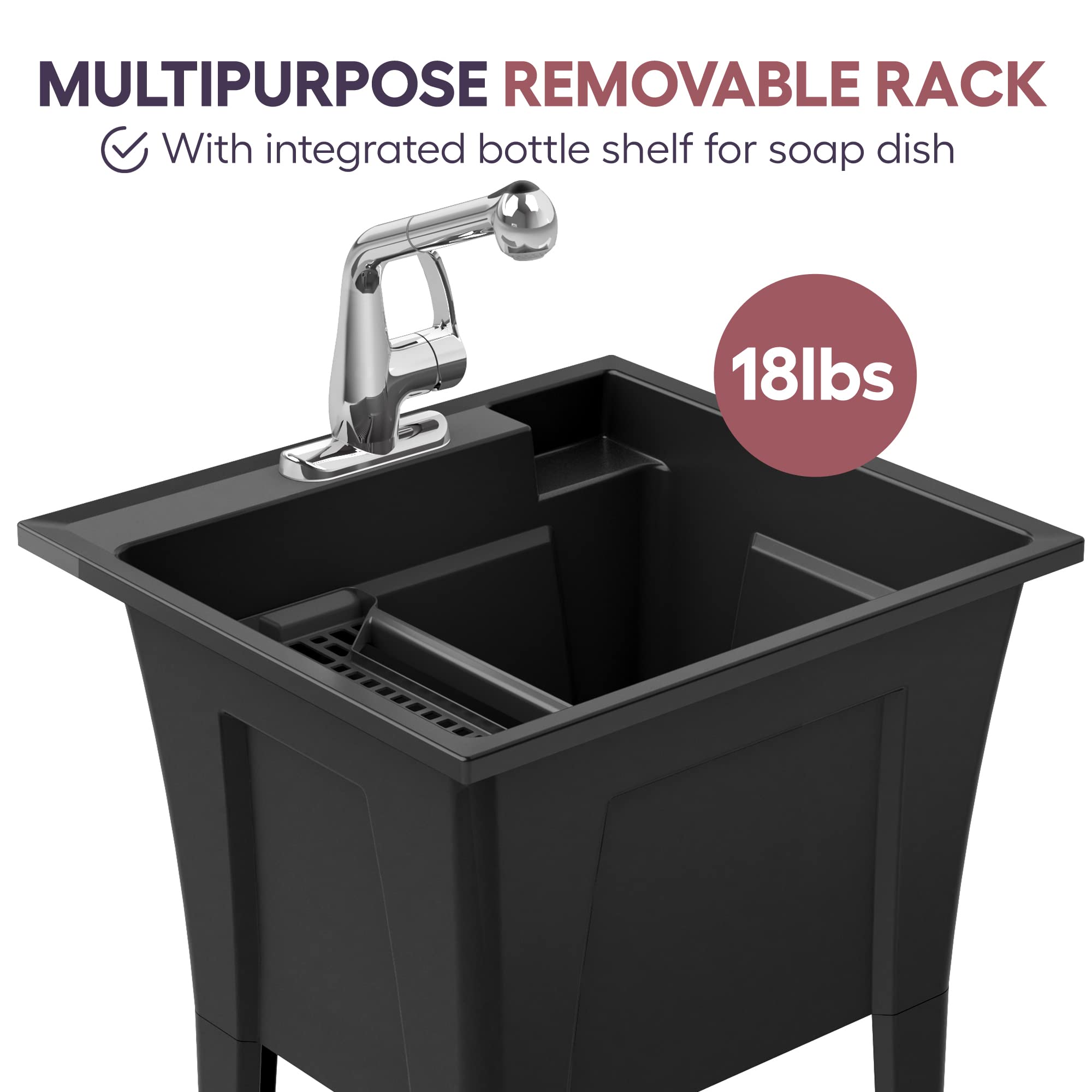 Utility Sink with One-Handle Black Plastic Faucet – Polypropylene Laundry Sink, White Garage Sink, Indoor and Outdoor Use – Complete Sink Set by Noah William Home (24” X 22” X 34” 19.5 Gallons)