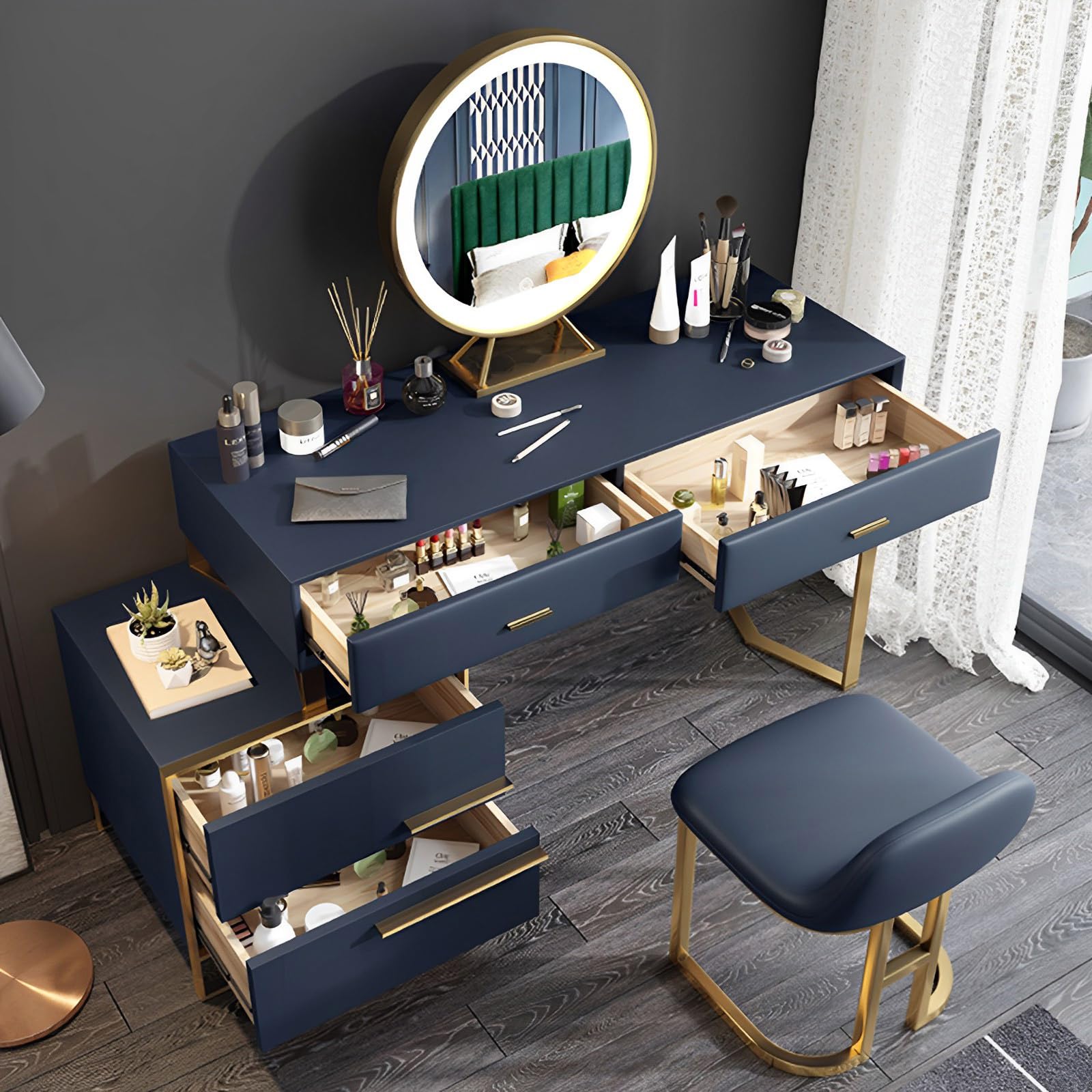 YIMAKEY Vanity Desk Set Mirror: Blue 47 Inches Vanity Table with 3 Modes Lights Mirror and 4 Drawers 1 Stool - Wooden Adjustable Makeup Table for Bedroom for Her