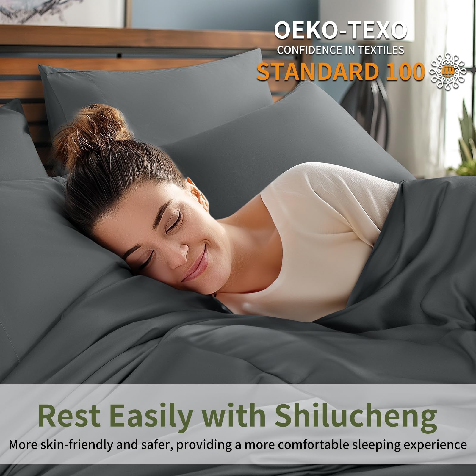 Shilucheng 6-Piece Sheets Set,Rayon Derived from Bamboo_ Sheets, Cooling & Breathable Bed Sheets, Silky Bedding Sheets & Pillowcases, 16 Inch Deep Pockets(Queen,Dark Grey)