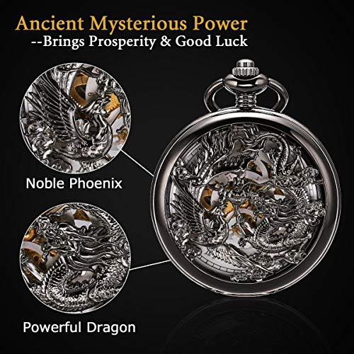 SIBOSUN Pocket Watch Antique Dragon Mechanical Skeleton Double Cover with Chain Men - Bronze Blue