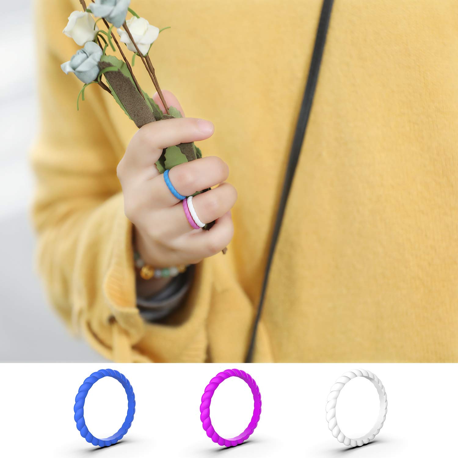 Zollen 5 Packs Silicone Wedding Rings for Women, Thin Braided Rubber Wedding Bands Stackable Ring, Hypoallergenic Silicone, Size 10