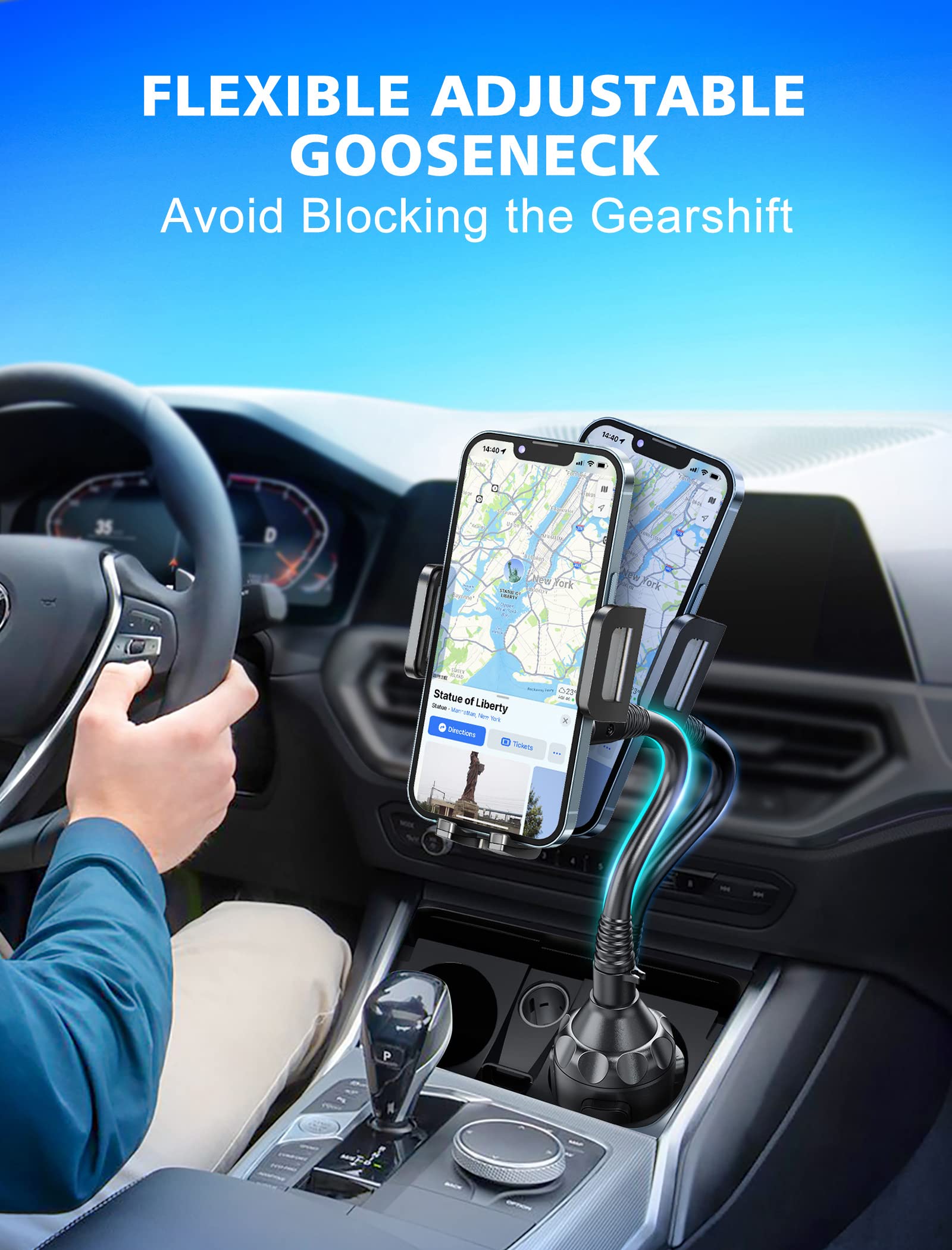 TOPGO [Upgraded Car Cup Holder Phone Mount Adjustable Gooseneck Automobile Cup-Holder-Phone-Car-Mount for iPhone 14 Samsung(Black+Blue)