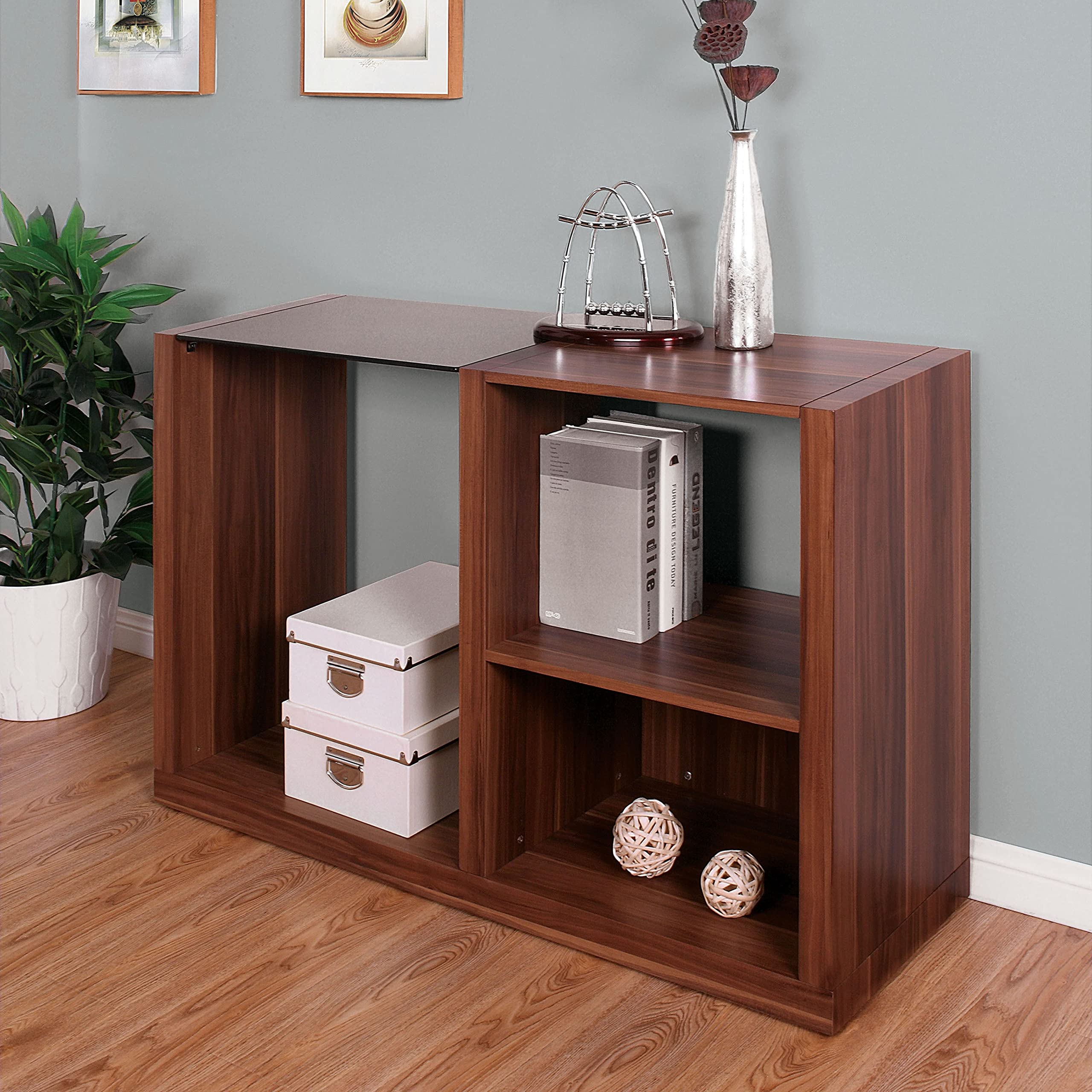 Walnut 3-Piece Storage Coffee Table Set Black Brown Farmhouse Modern Contemporary Rectangular Glass Veneer Finish Drawers Shelf