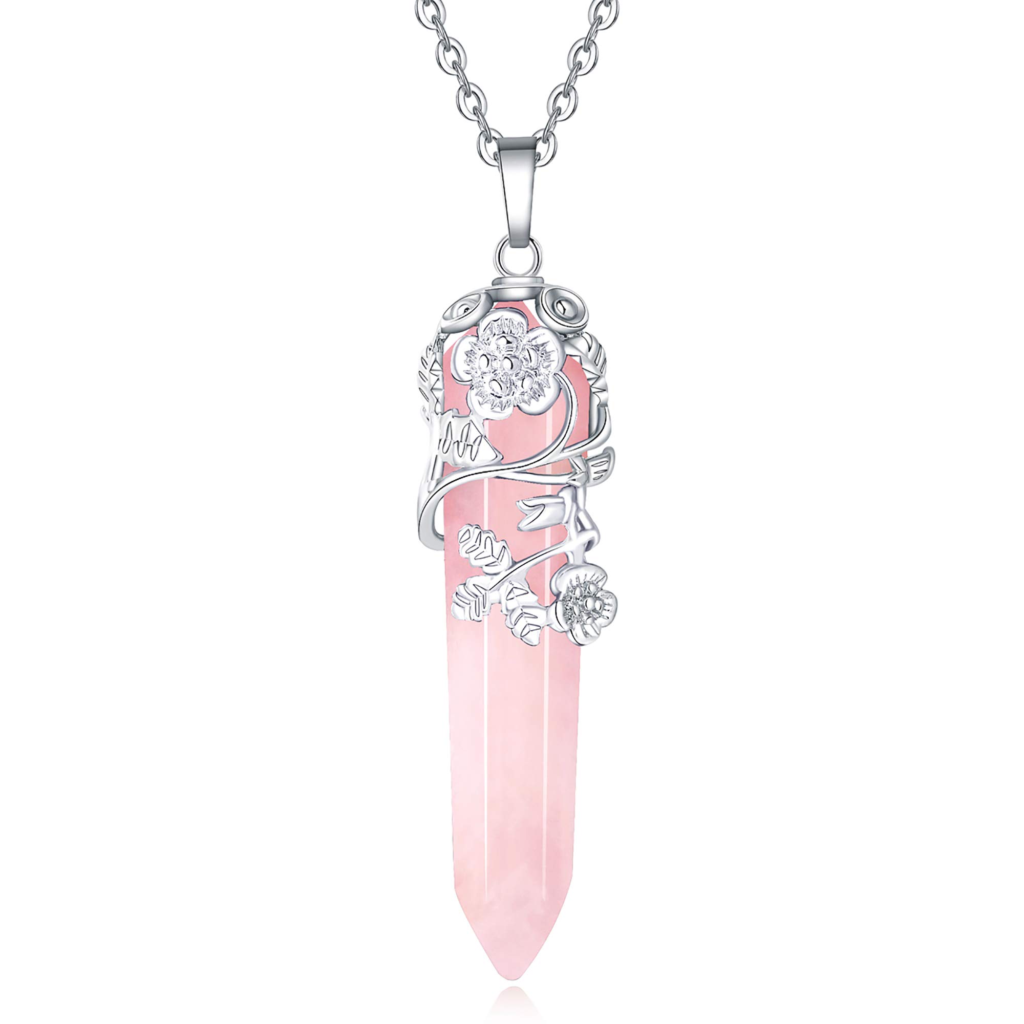 XIANNVXI Rose Quartz Necklace Pink Necklace Mothers Day Gifts Crystal Necklaces for Women Healing Crystal Necklaces Flower Pendant Spiritual Jewelry