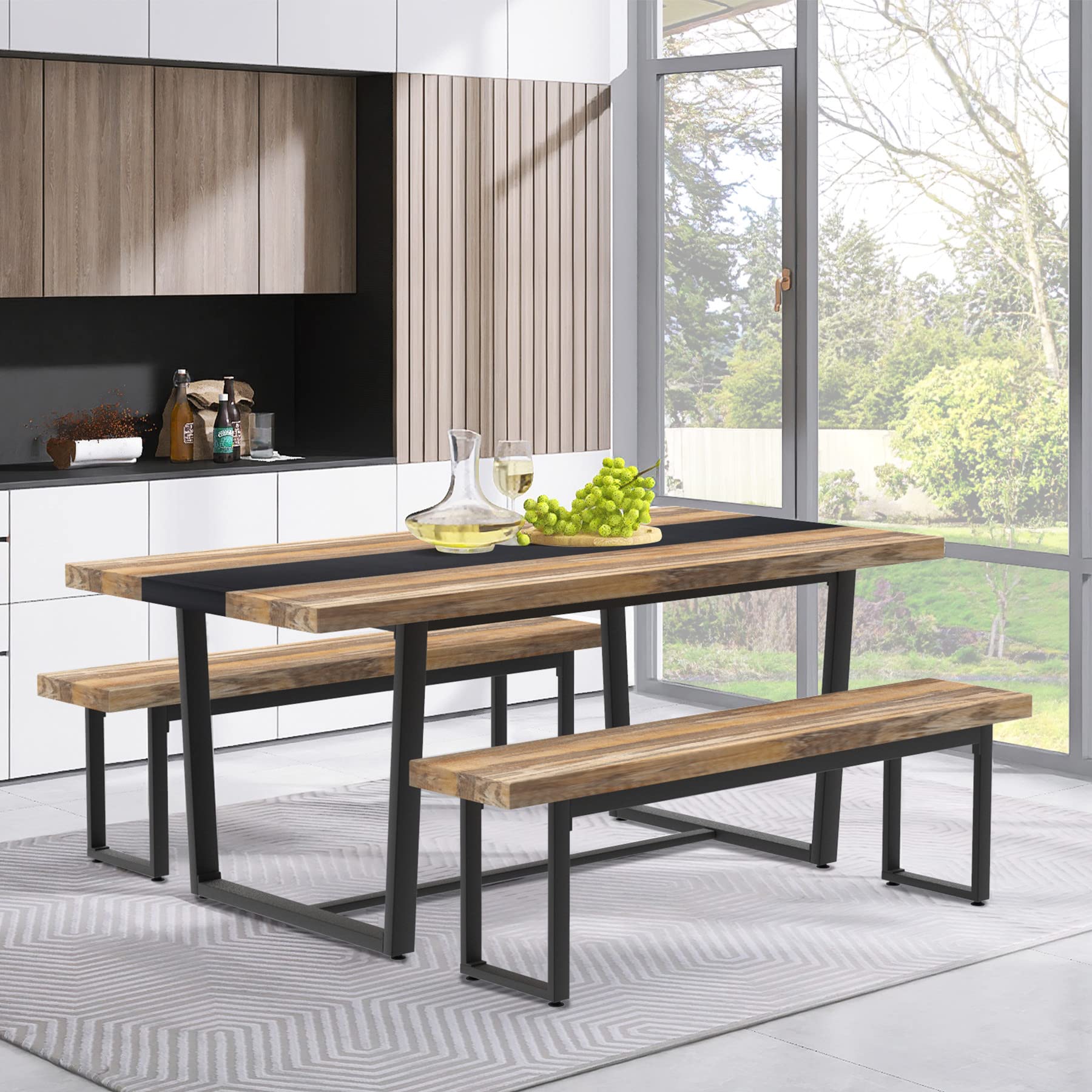 STHOUYN 71β 6ft Dinner Table Set for 6 8 12 Seat Dining Room Table with Bench, Rectangular Farmhouse Modern Kitchen Long Table, Black & Brown Industrial Dining Conference Table (3 Piece 71")