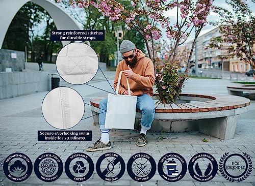 Tissaj 4 Pack GOTS Certified 100% Organic Cotton Shopping Cloth Bag - Reusable - Tote Bag - 16"x15" & 27" Handle - Groceries, DIY & Gift - White
