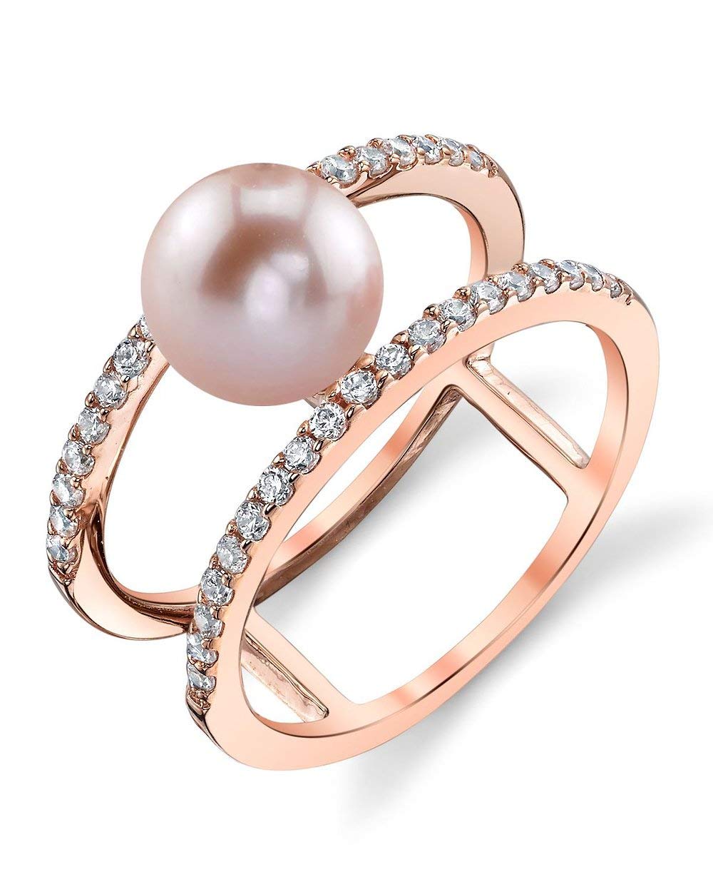 The Pearl Source 7-8mm Genuine Pink Freshwater Cultured Pearl Rose Gold Luna Ring for Women