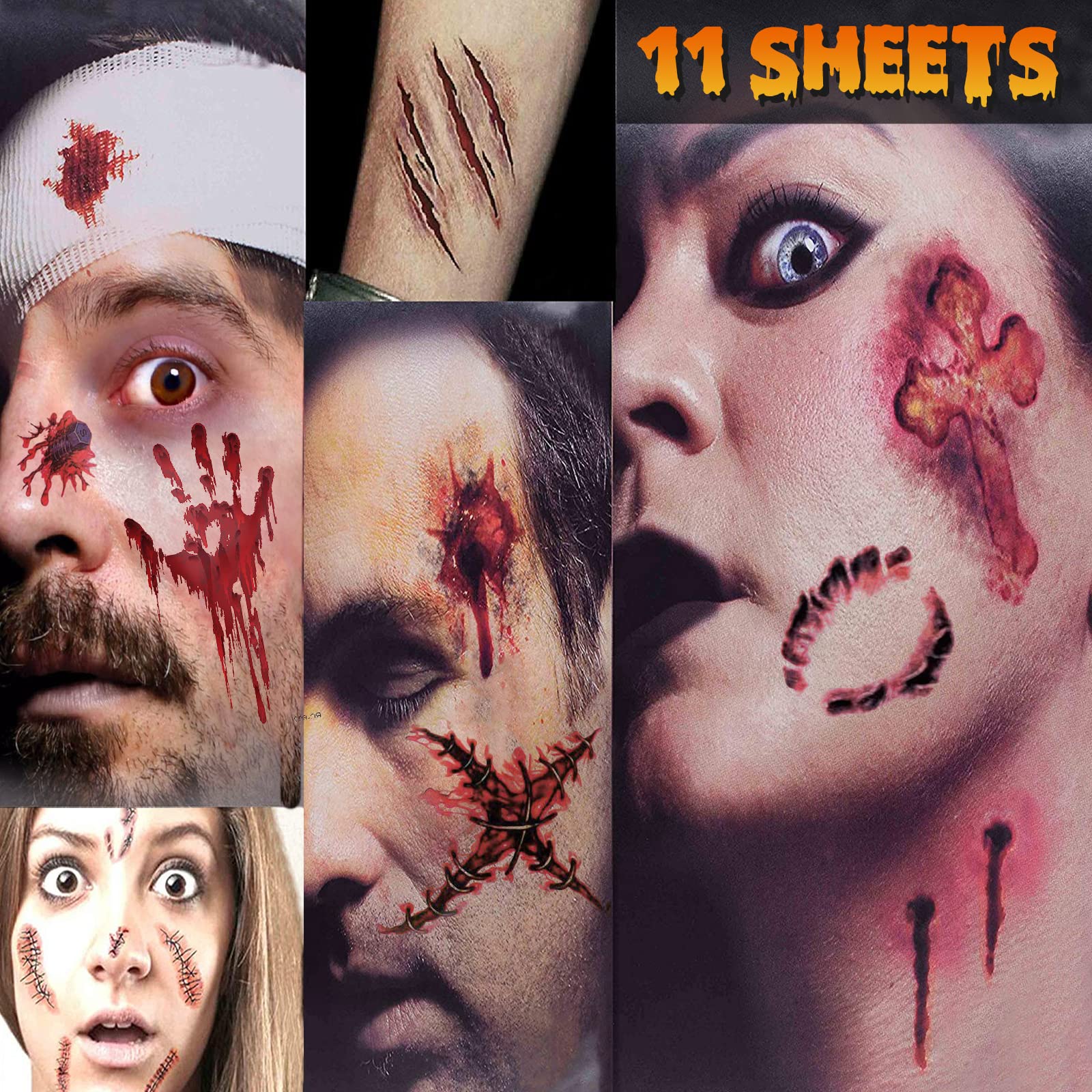 Zombie Makeup Halloween Makeup Tattoos - 11 Sheets Fake Blood Fake Scar Tattoos Halloween Makeup Kit Zombie Makeup Kit for Kids and Adults, Scary Wound Stitches Vampire Makeup Fake Cuts Zombie Tattoos