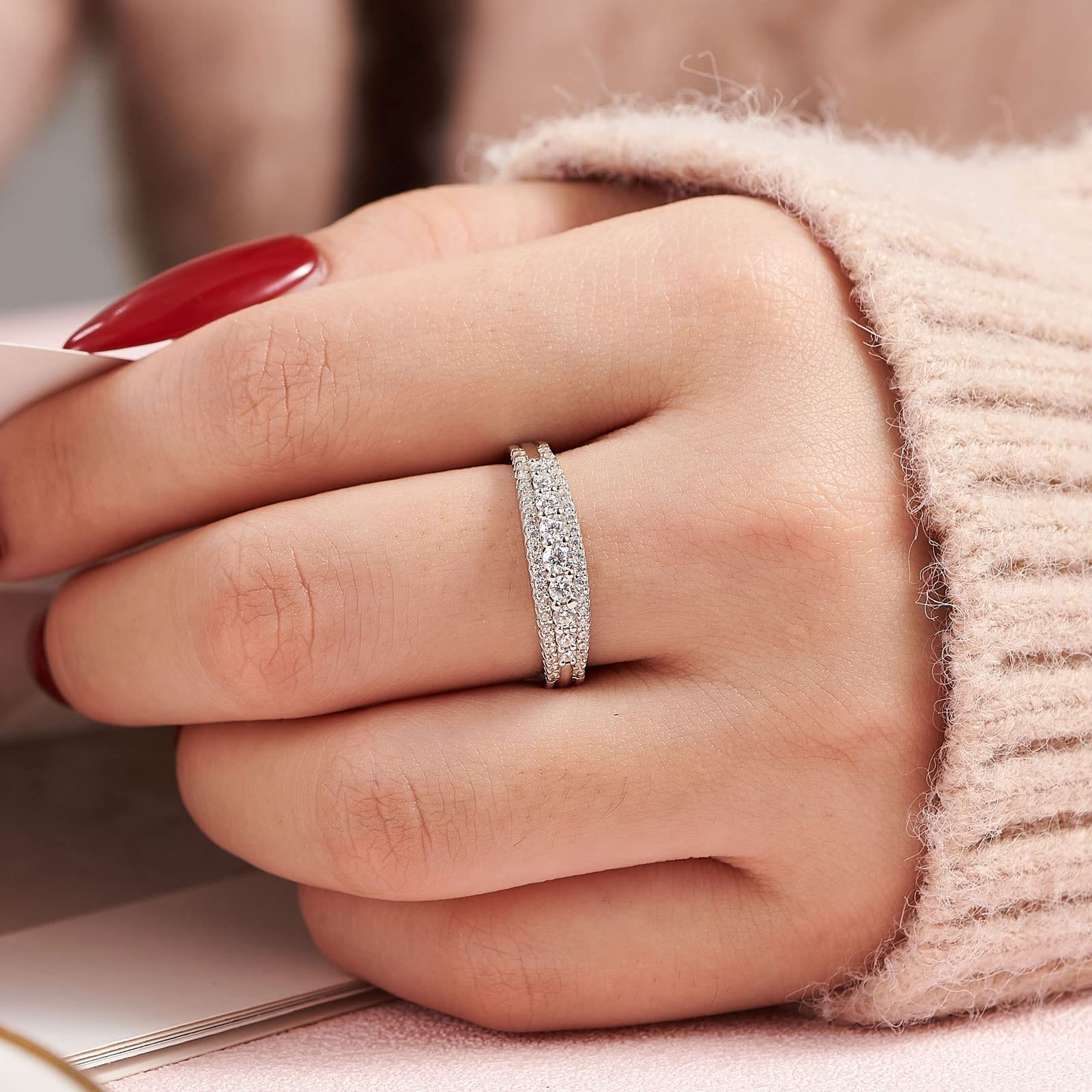 Wuziwen Anniversary Ring for Women Wedding Bands for Her 925 Sterling Silver Rings Eternity Promise Cubic Zirconia Size 6.5