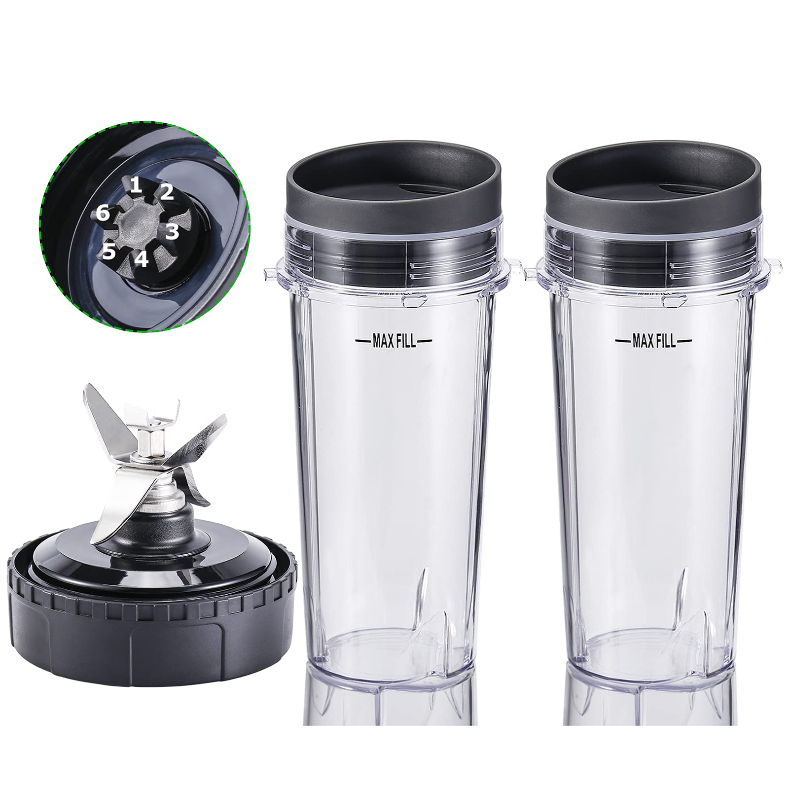 TOOLACC Blender Replacement Parts Compatible with Nutri Ninja, 6 Fins Blender Blade Assembly with 2 PCS 16OZ Cup Set for BL660 BL770 BL780 Professional Blender(Suitable Diameter : 3.35IN Blender Base)