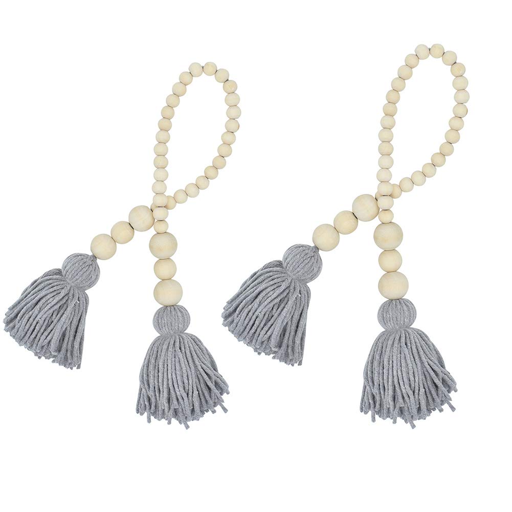 Wood Bead Garland with Tassels Farmhouse Decorations Rustic Wall Hanging Decor Beads 2 Pcs (Grey)