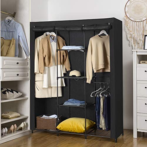 SONGMICS Wardrobe Closet, Non-Woven Fabric Clothes Closet, Mesh Shelves, Clothes Storage Organizer with Door, Black URYM34BK