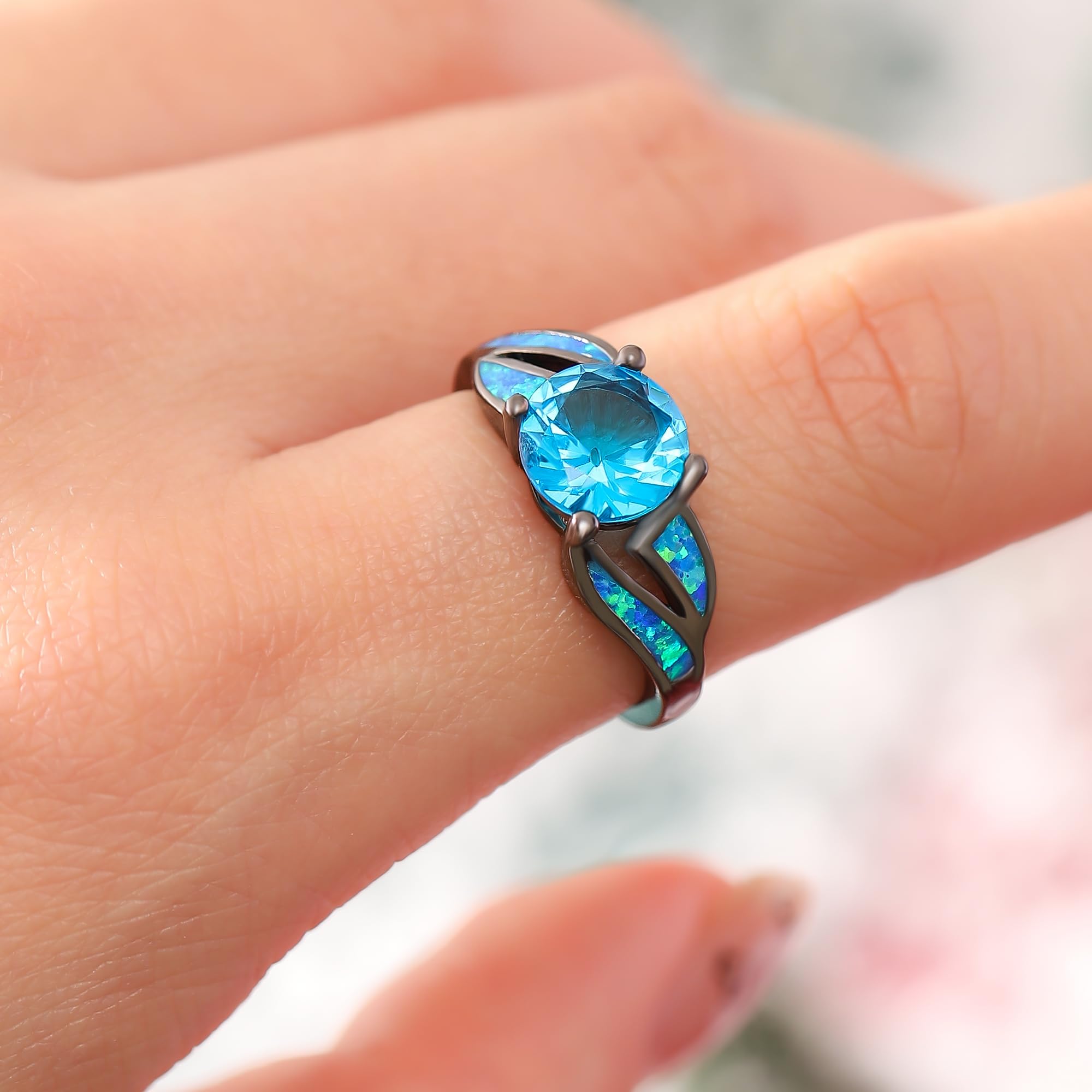UFOORO Black Rhodium Plated Blue Opal infinity Ring Sky Blue Cubic Zircon Engagement Rings For women Size 6
