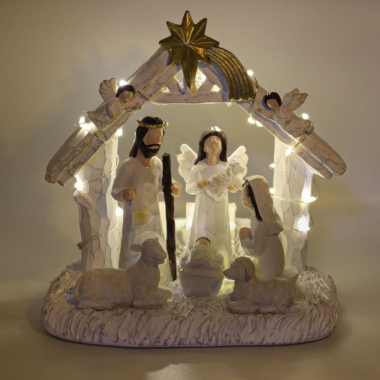 WANCHIY Nativity Sets Indoor- Nativity Set with LED String Lights, Nativity Scene Indoor with Manger, Nativity Sets & Figures Nativity Story- Decorations Indoor