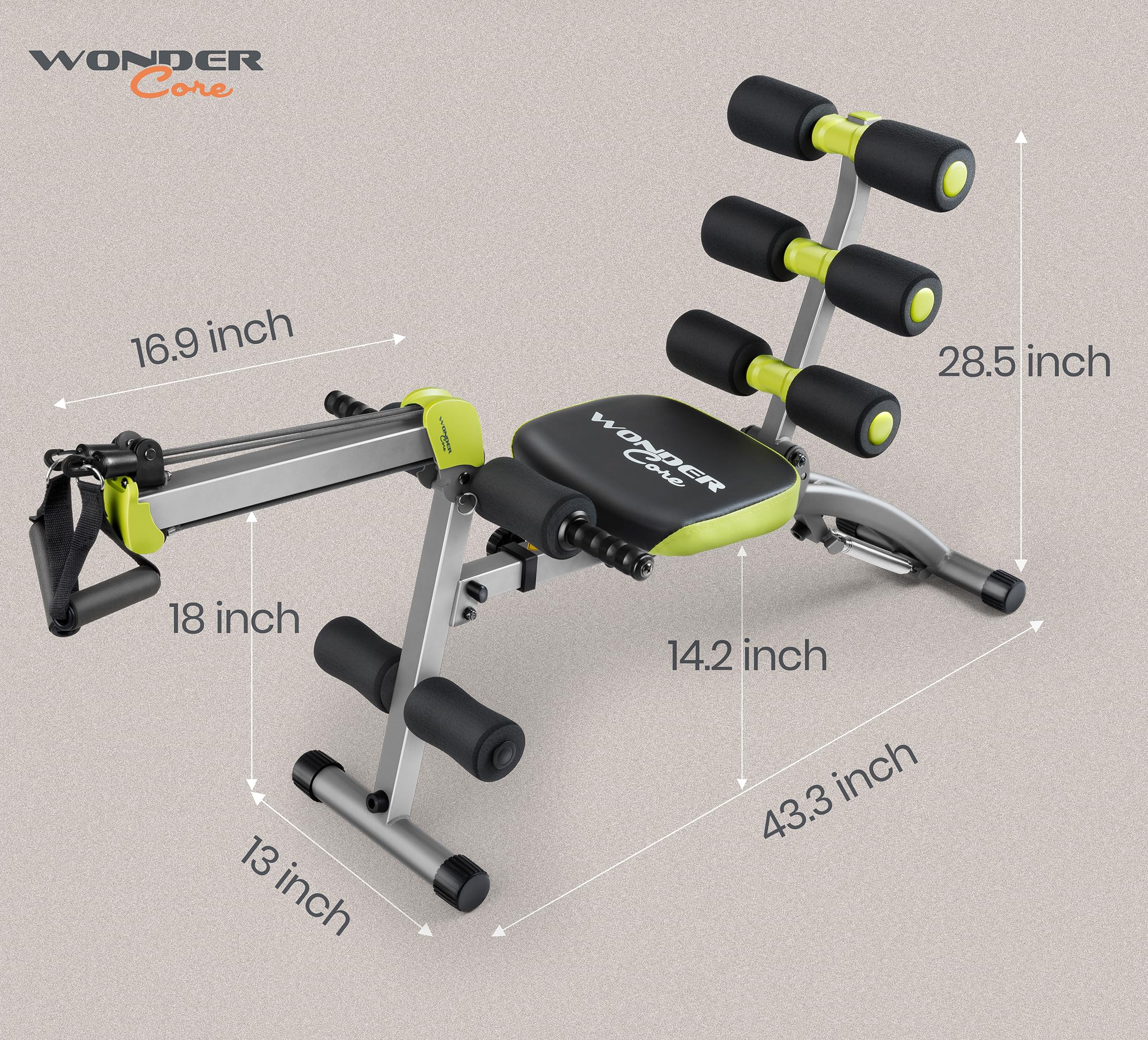 WONDER CORE Pro Max Workout Equipment Home Gym, 4-in-1 Exercise Equipment: Rowing Machine, Leg Press Machine, Ab Glider Machine, Roman Chair, Fitness Equipment for Core Strength Training (Green)