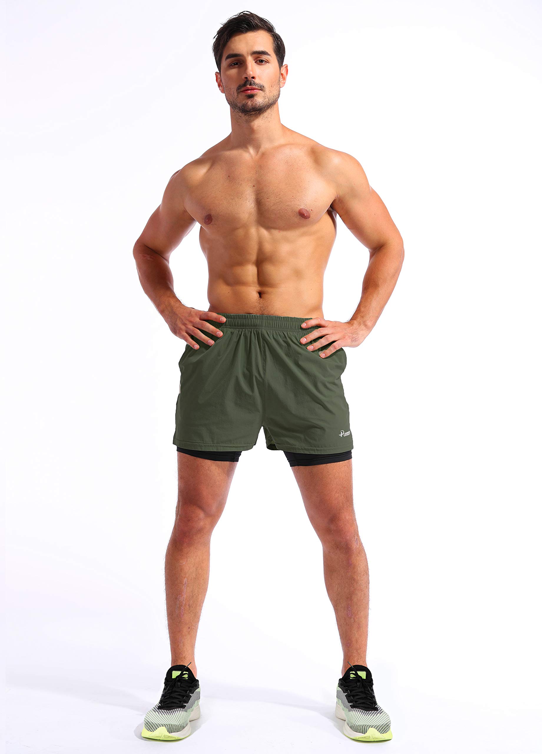 Pudolla Men’s 2 in 1 Running Shorts 5" Quick Dry Gym Athletic Workout Shorts for Men with Phone Pockets(Dark Green Small)