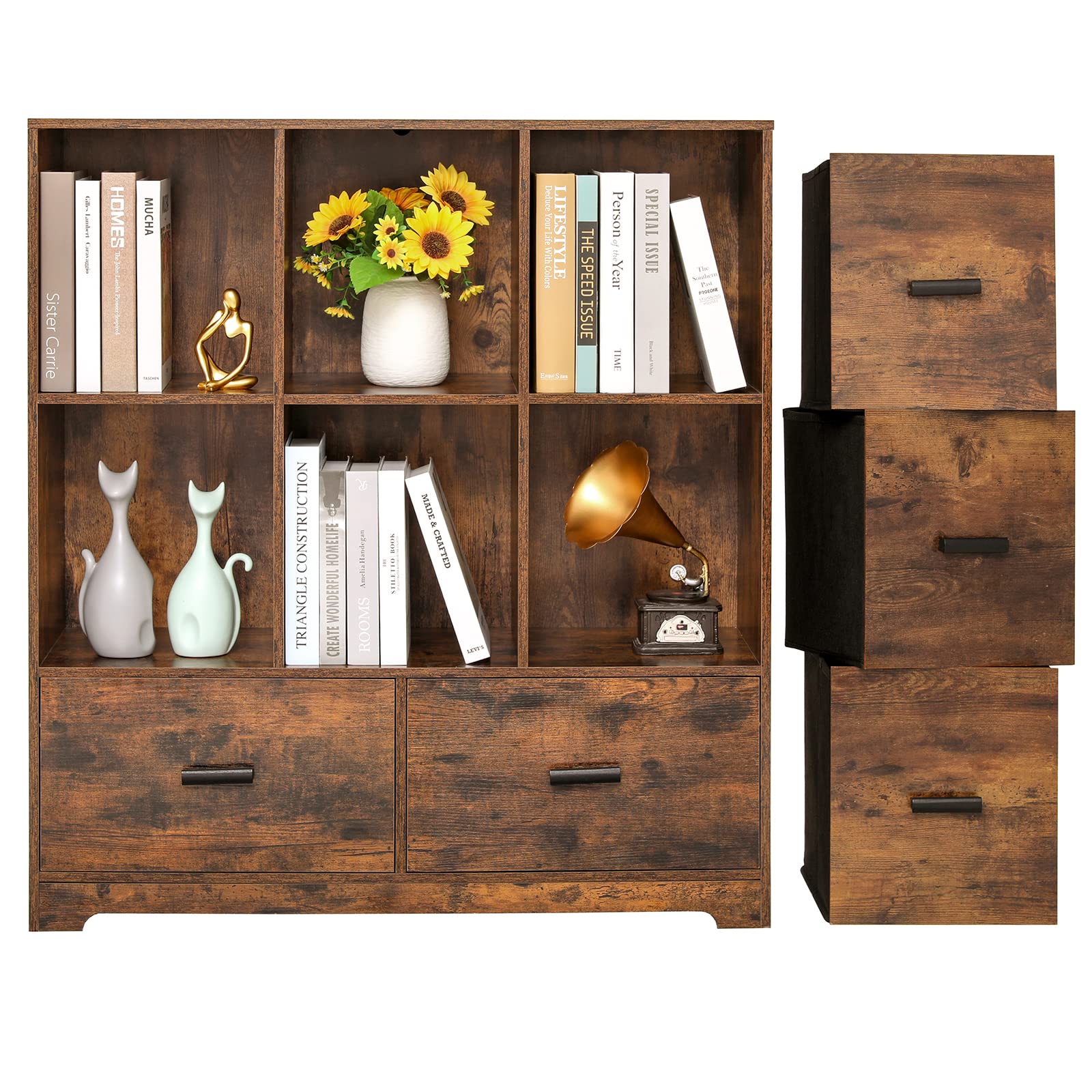 usikey Large Storage Cabinet with 5 Drawers, Wooden of Floor Cabinet with 6 Compartments, Living Room, Entryway, Rustic Brown