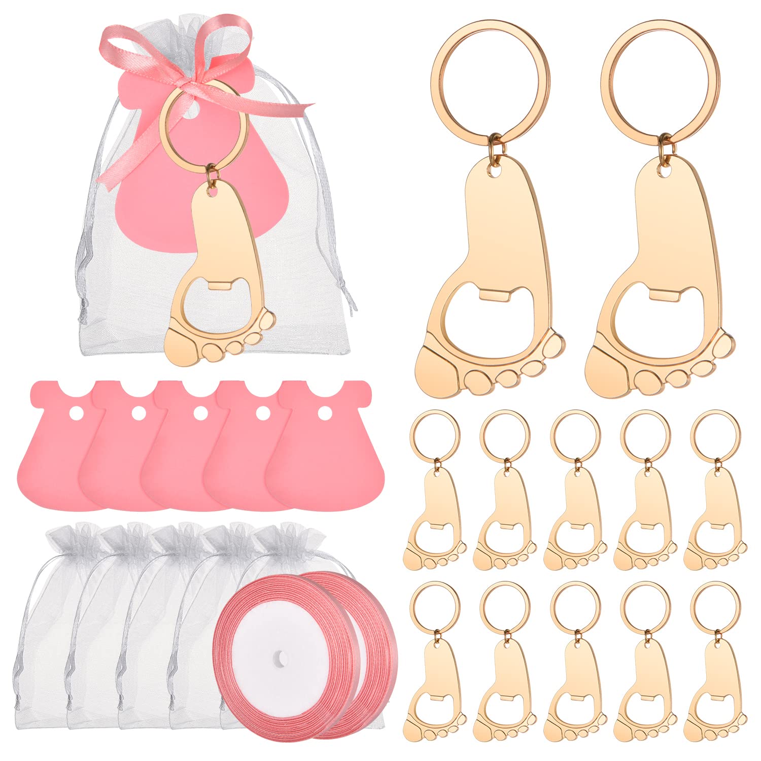 YKLIGTN 50 Pieces Baby Footprint Keycahin Bottle Openers Baby Boy or Girl Shower Decarotions Party Favors,Gifts or Souvenirs for Guests Bulk with DIY Tags and White Organza Bags Game Gifts (Pinkl)