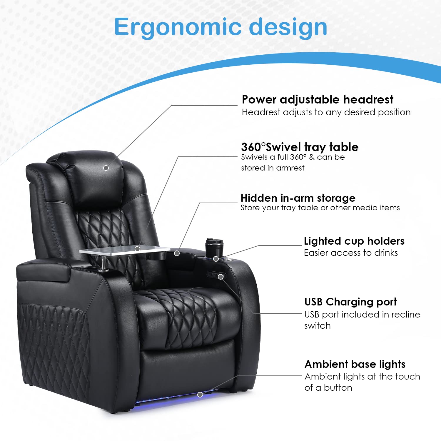Weilianda Home Theater Seating Top Grain Leather Recliner Chair with Dual Power,Type-C USB Charge,and Wireless Charging with Tray Table - Black