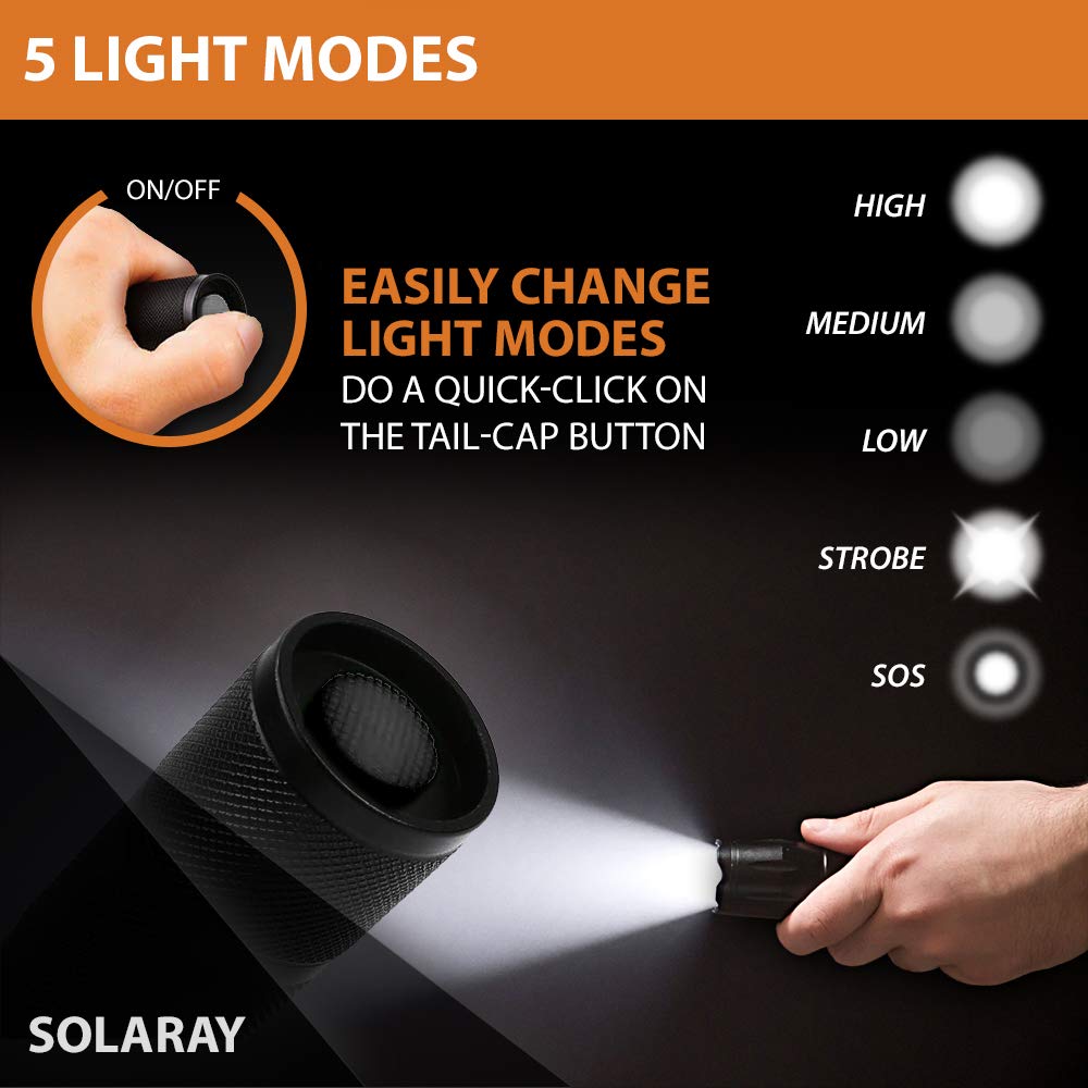 Solaray Handheld LED Tactical Flashlight – Professional Series ZX-1 - Bright High Lumen Flashlight - 5 Light Modes, Adjustable Zoom, Water Resistant - Perfect for Camping Fishing Emergency