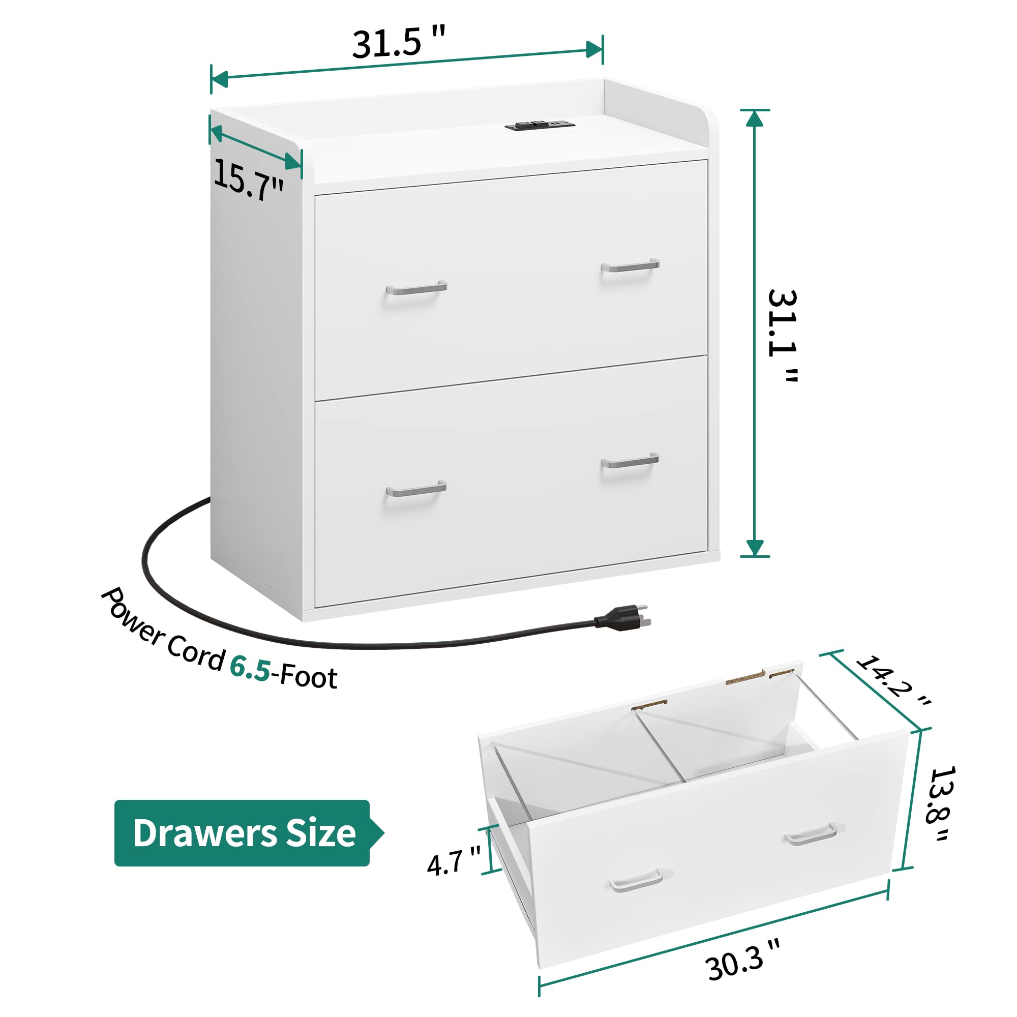 YITAHOME File Cabinet with Charging Station, Large Lateral Filing Cabinet for Home Office, White