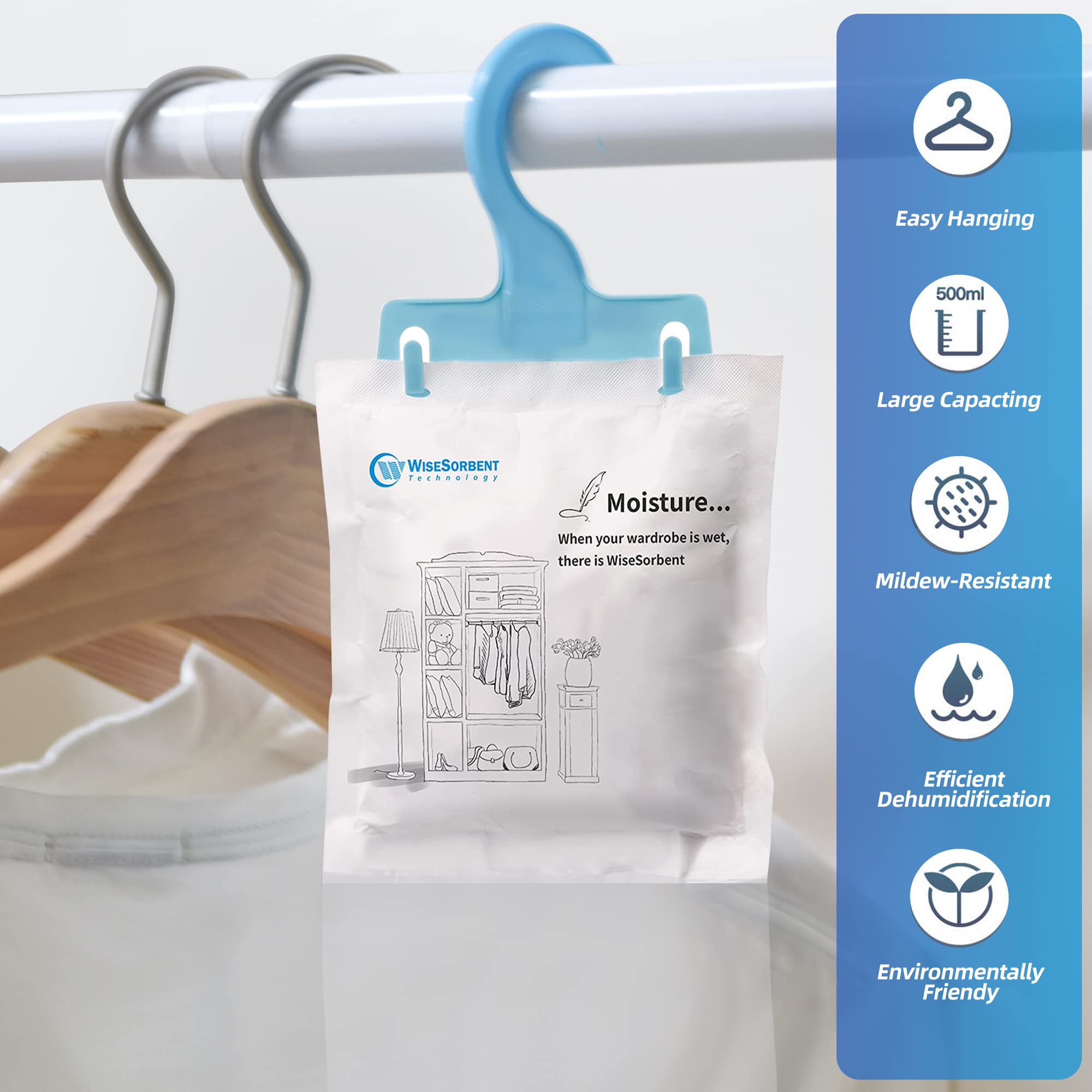 Wisesorb Moisture Absorber Packets with Plastic Case & Hook, Odor Eliminator, Leak Proof, Fragrance Free, Humidity Packs, Hanging Closet Dehumidifier Bags, Moisture Absorber (4 Packs)