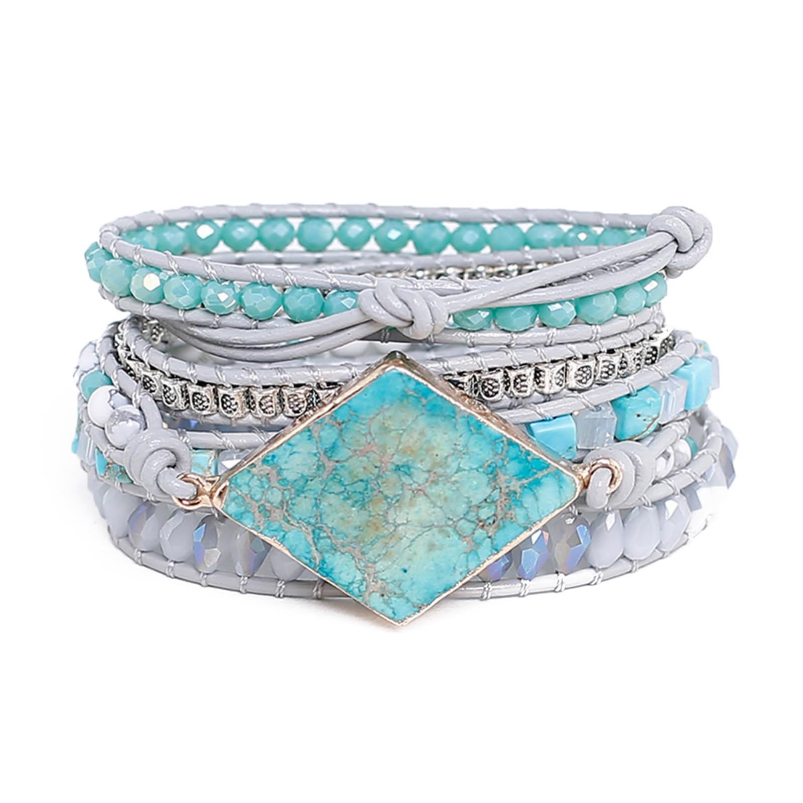 YGLINE Wrap Bracelets Crystal Beaded Bohemian Style Jasper Leather Woven Healing Stone Jewelry(Blue)